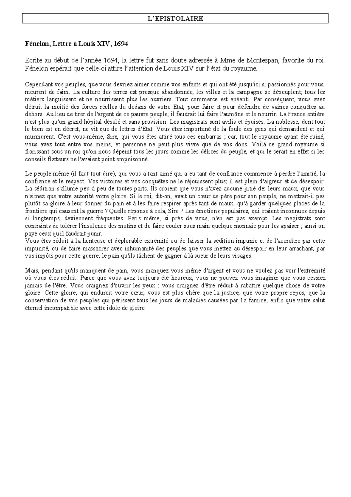 Fenelon à Louis XIV - texte séquence - L’EPISTOLAIRE Fénelon, Lettre à ...