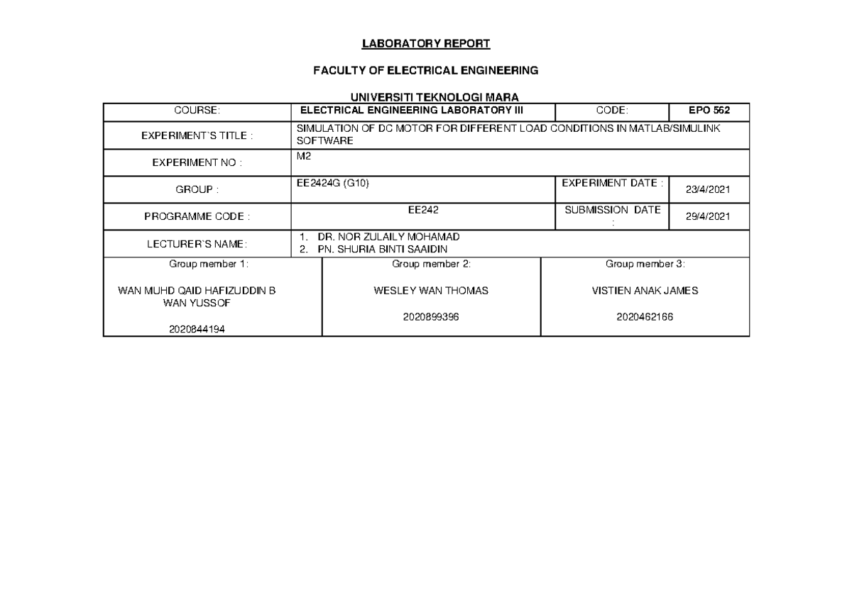 EPO562 M2 G10 Lab report Lab report for experiment M2 for Electrical Engineering Laboratory III ...