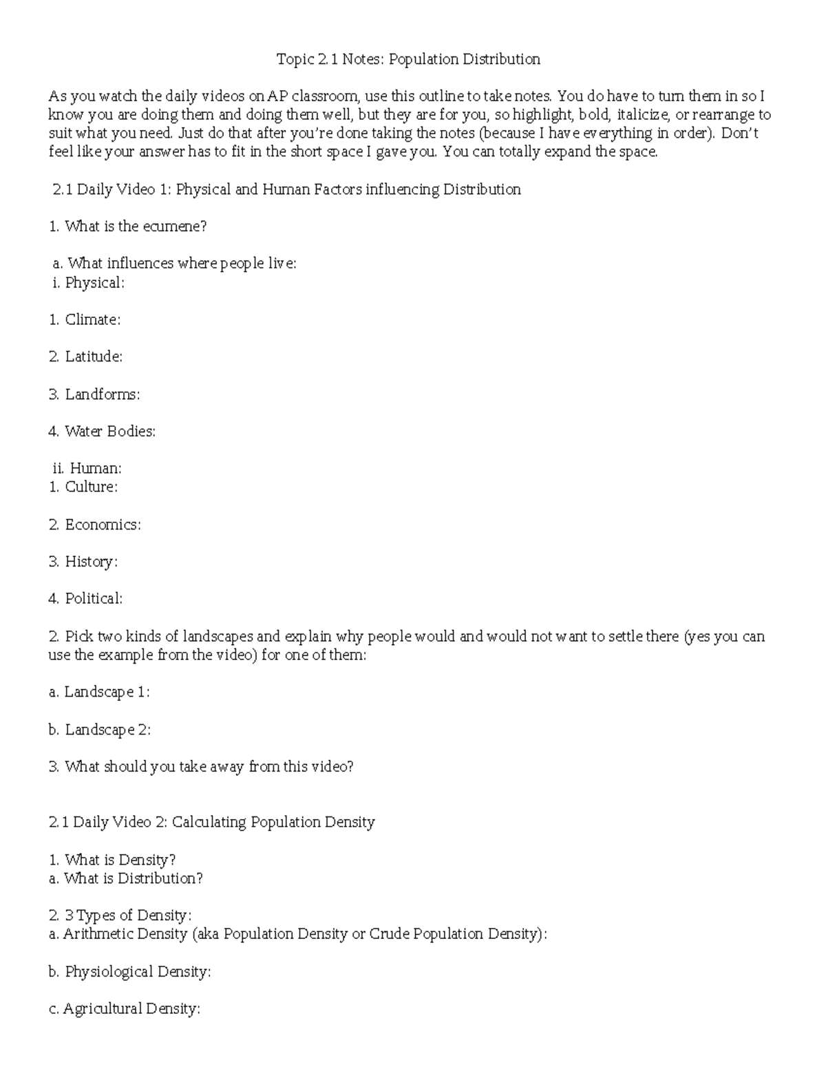 [Template] AP Daily Video Notes 2 - Topic 2 Notes: Population ...