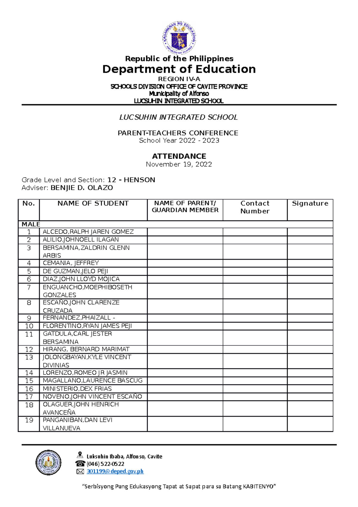 PTC- Attendance - documents - Republic of the Philippines Department of Education REGION IV-A ...
