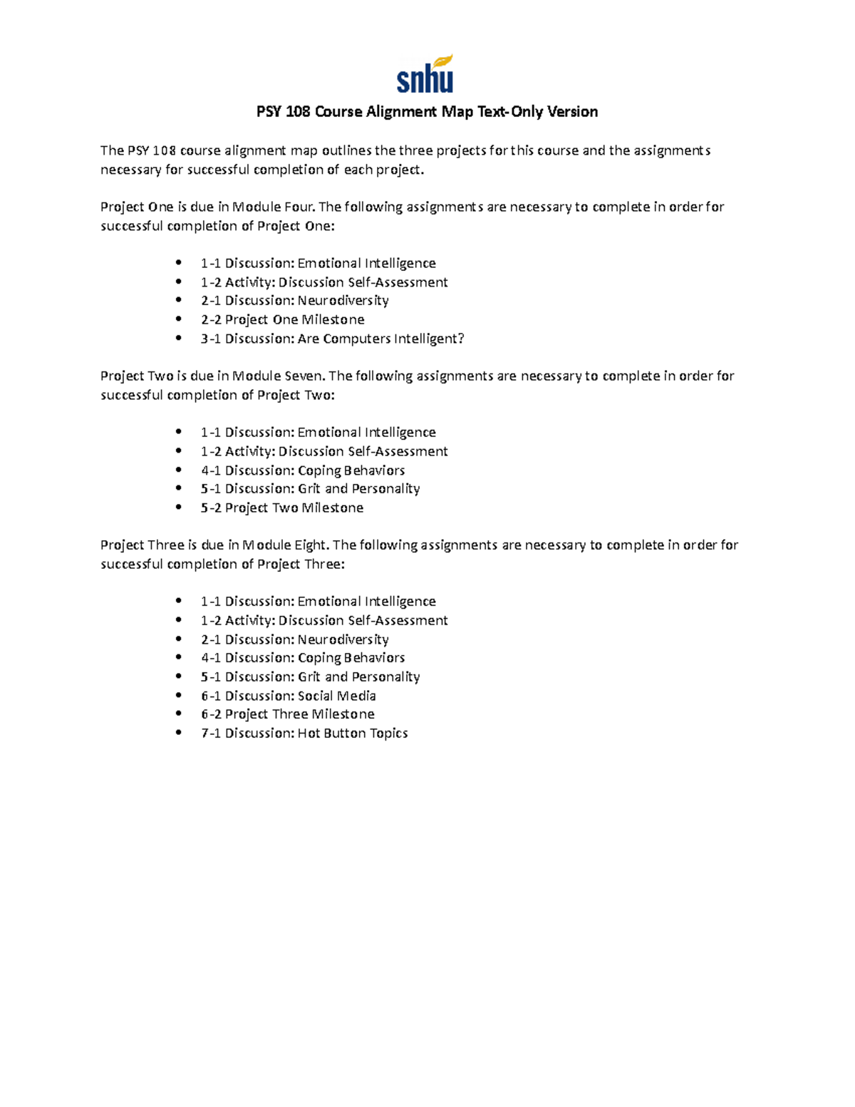 PSY 108 Course Alignment Map Text-Only Version - Project One is due in ...