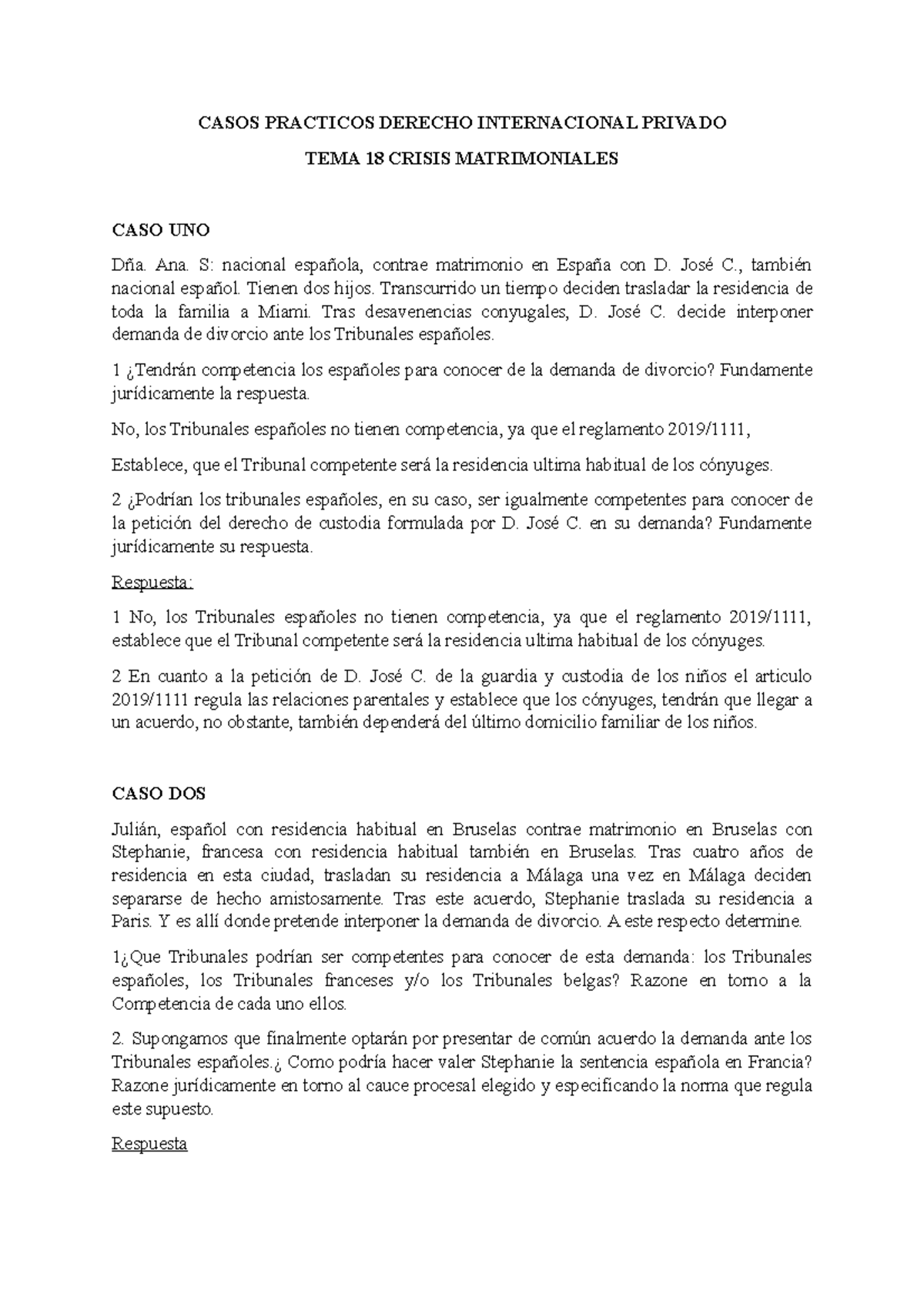 Casos Practicos D I Privado Tema 18 Casos Practicos Derecho