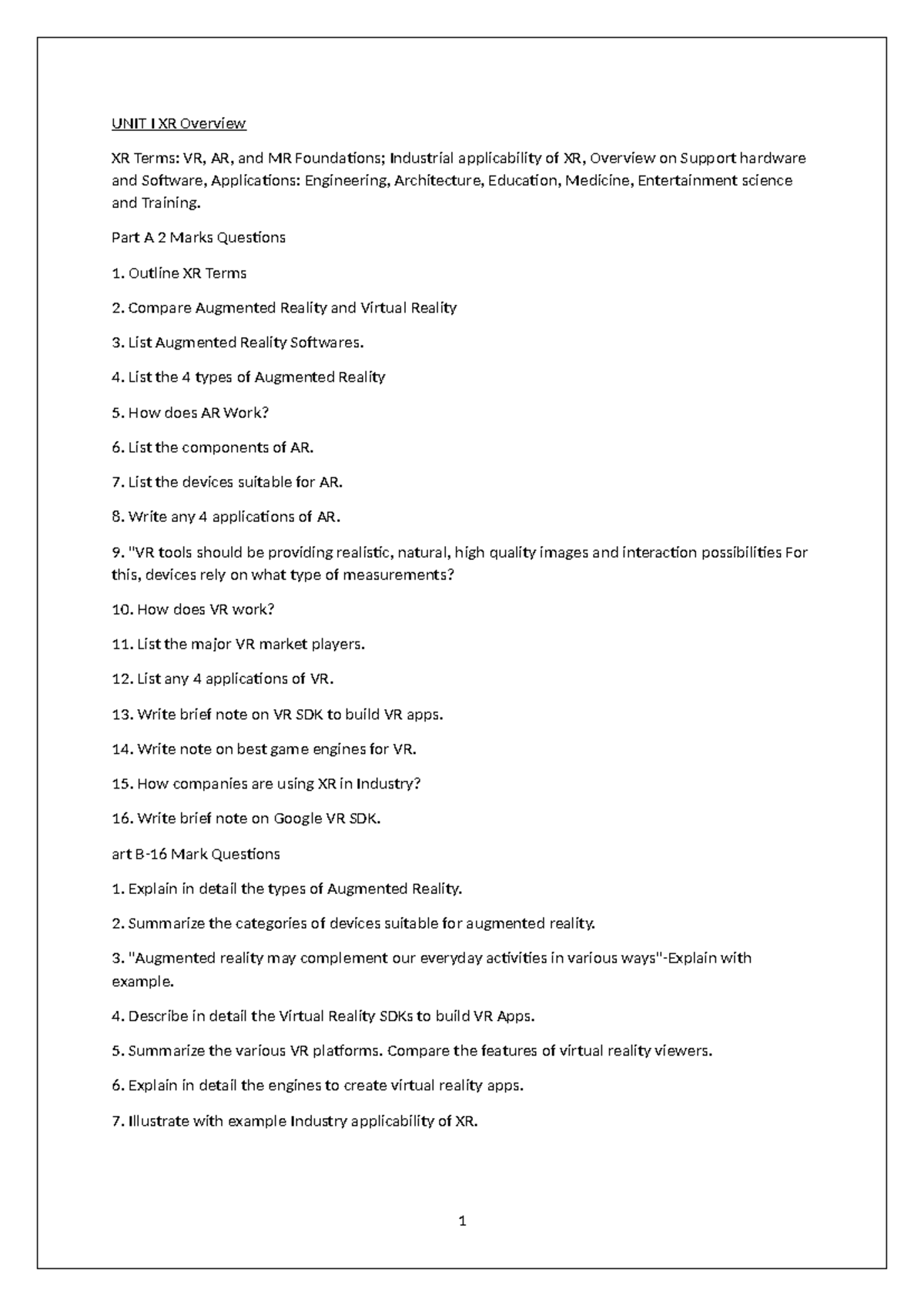 AR/VR QUESTION MATERIAL - UNIT I XR Overview XR Terms: VR, AR, and MR ...