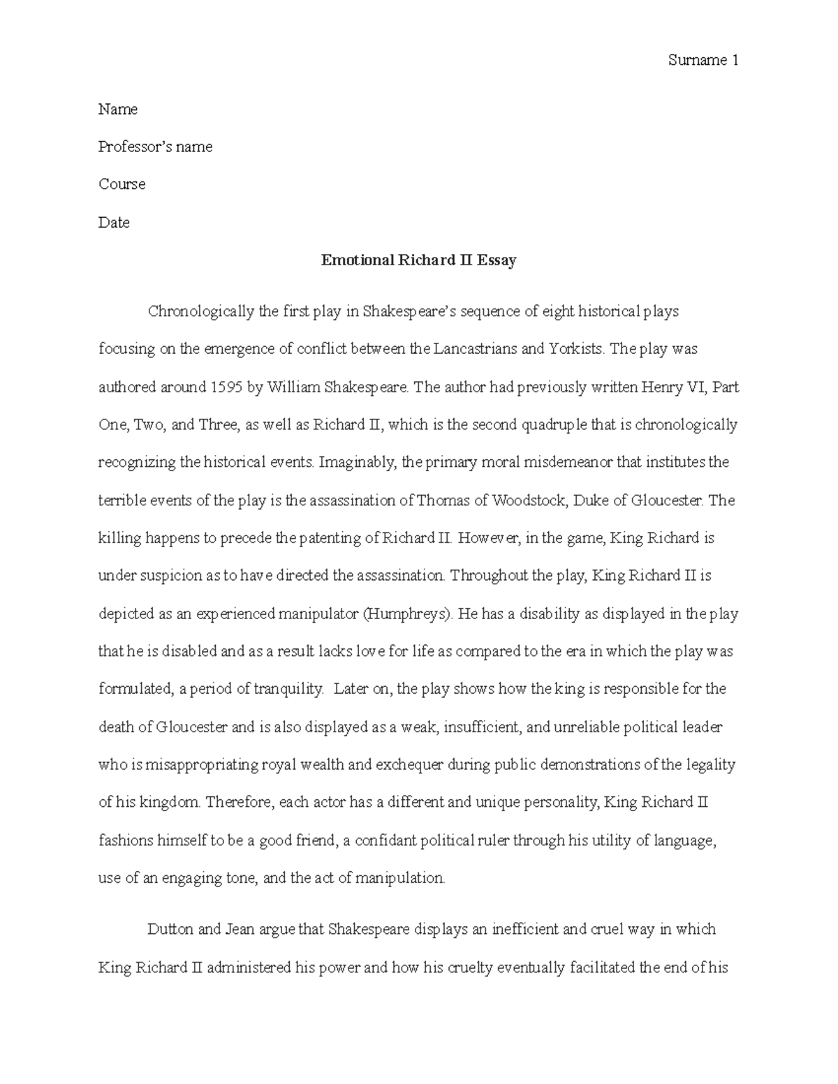 Emotional Richard II Essay - Name Professor’s name Course Date ...
