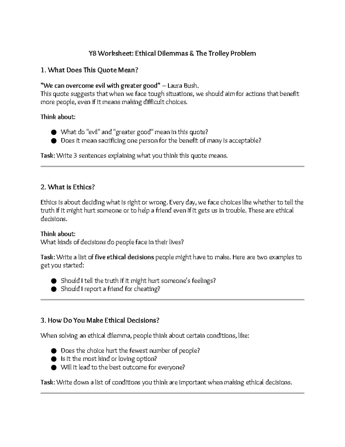 Worksheet Ethical Dilemmas & The Trolley Problem - Y8 Worksheet ...