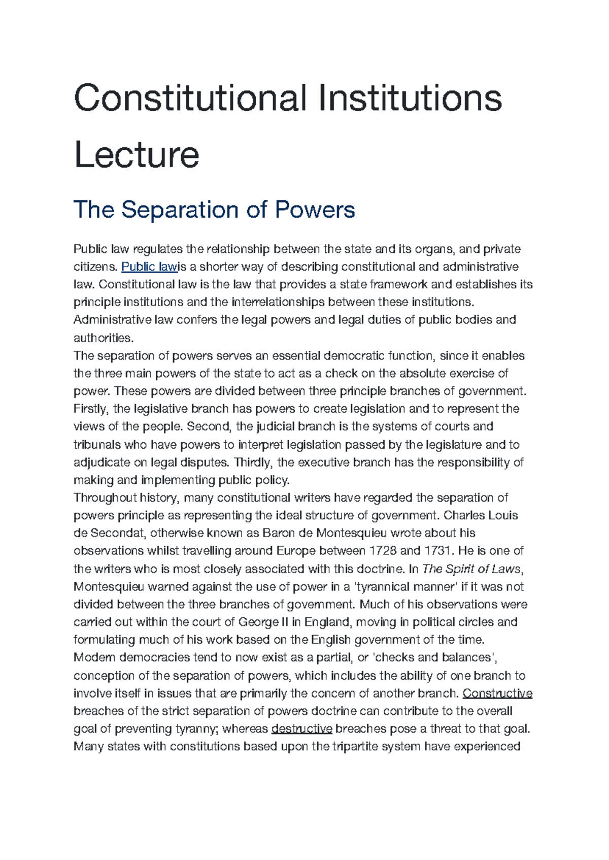 Seperation of powers - Constitutional Institutions Lecture The Separation of Powers Public law ...