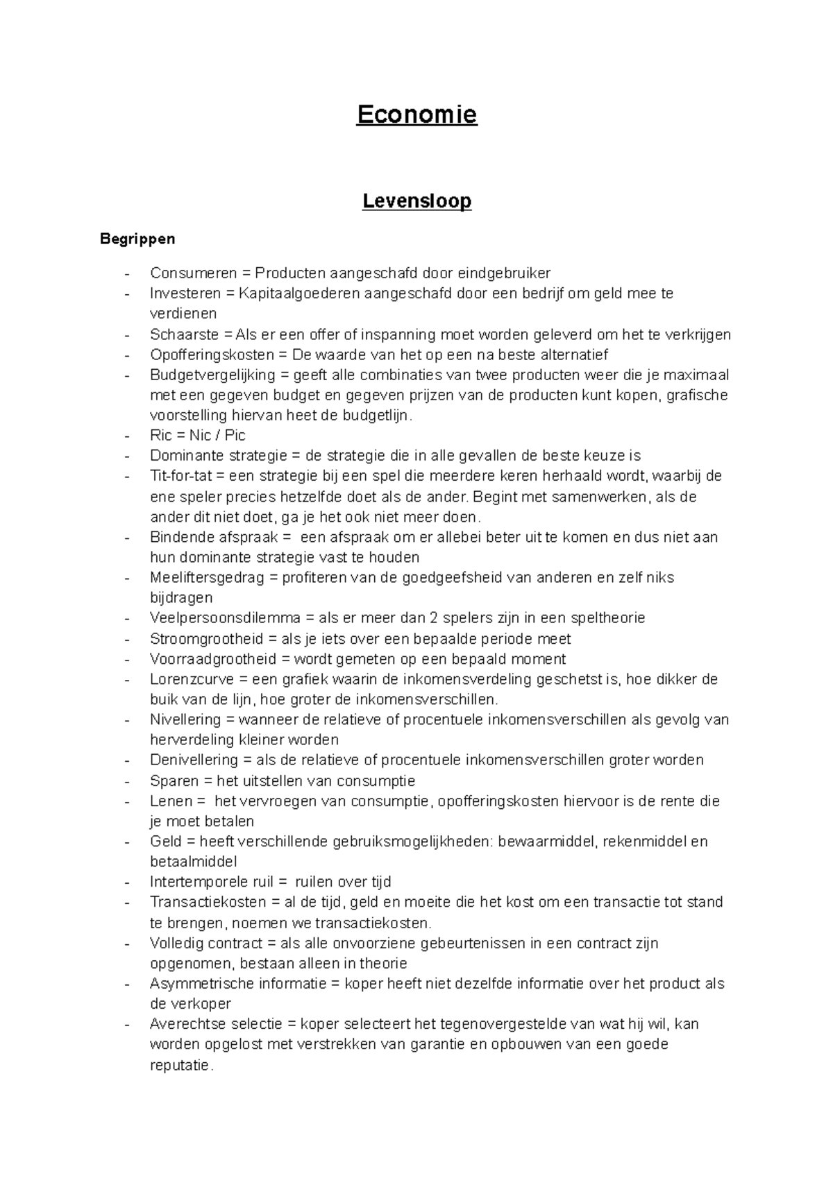 Levensloop - Economie Levensloop Begrippen Consumeren = Producten ...