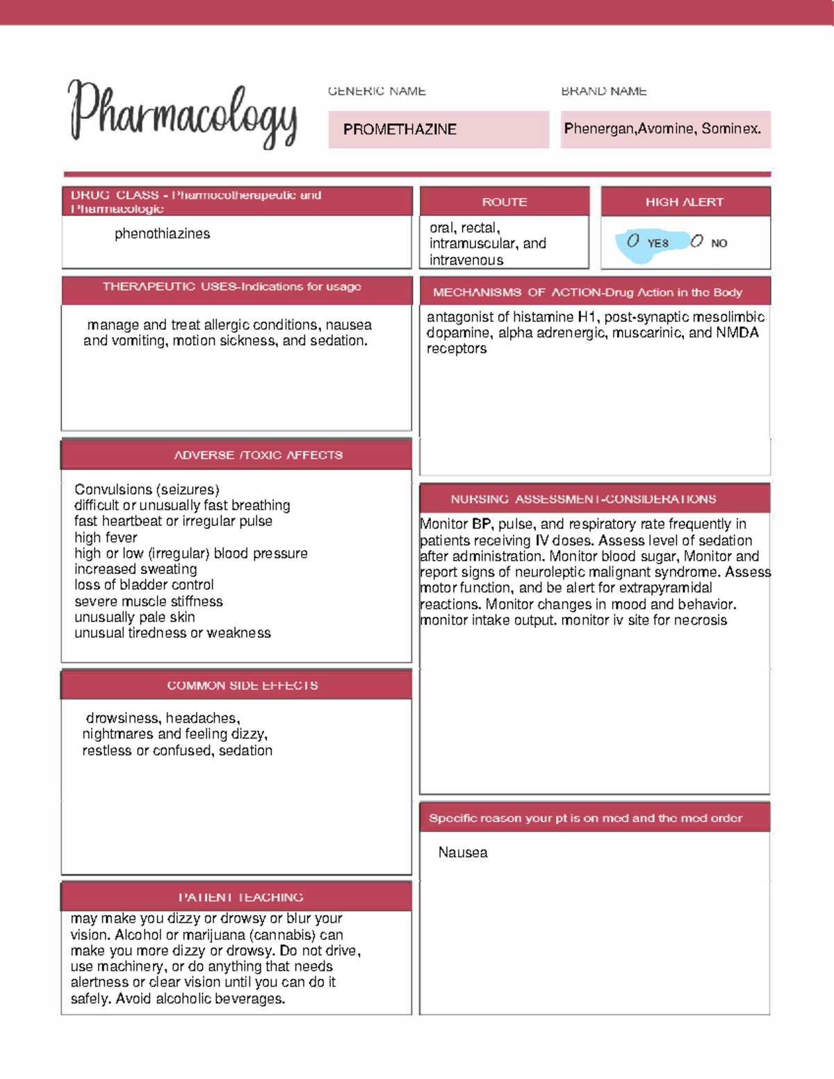 BPCC Pharmacology Form (Promethizine - NURS 200 - Studocu