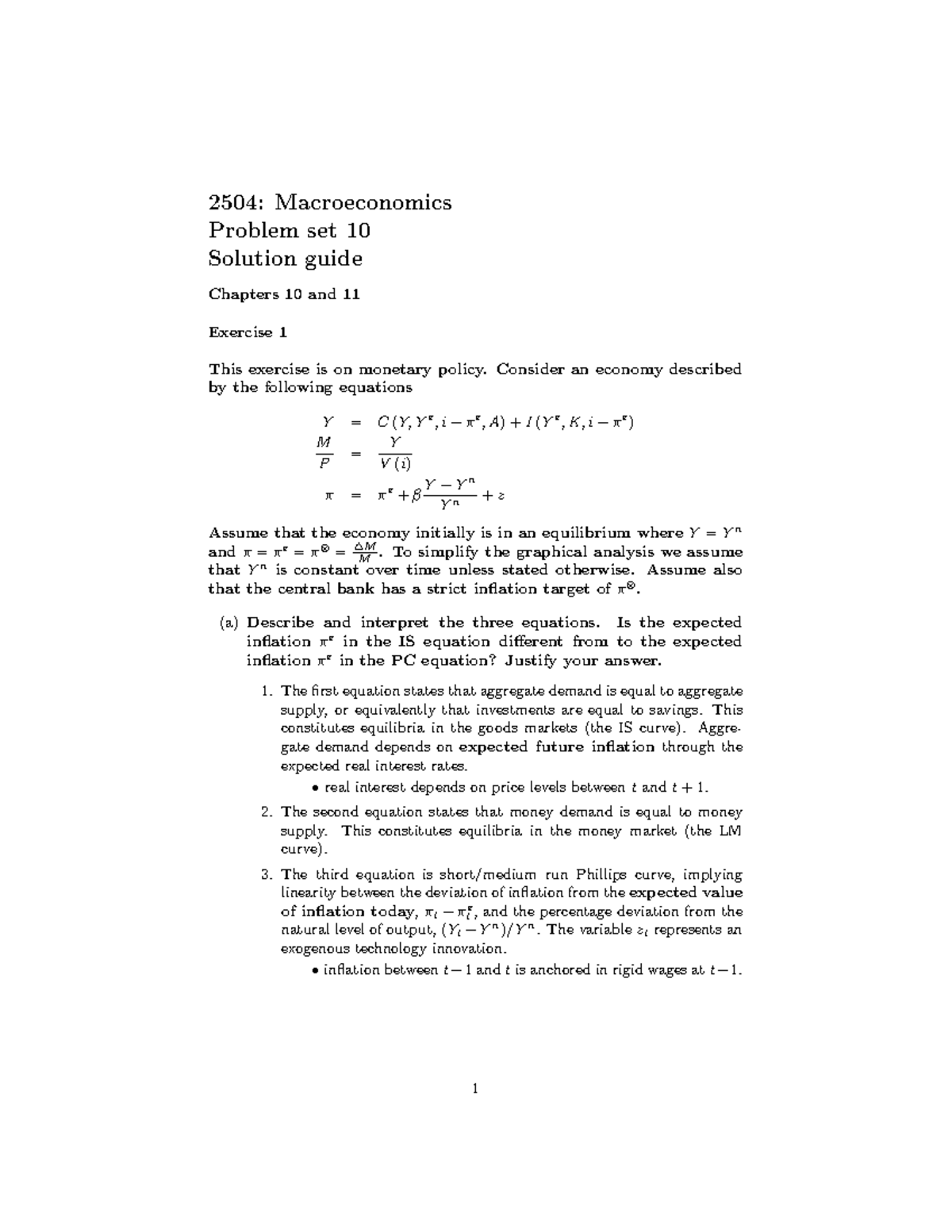 Ps10 Solutions - 2504: Macroeconomics Problem set 10 Solution guide Chapters 10 and 11 Exercise ...
