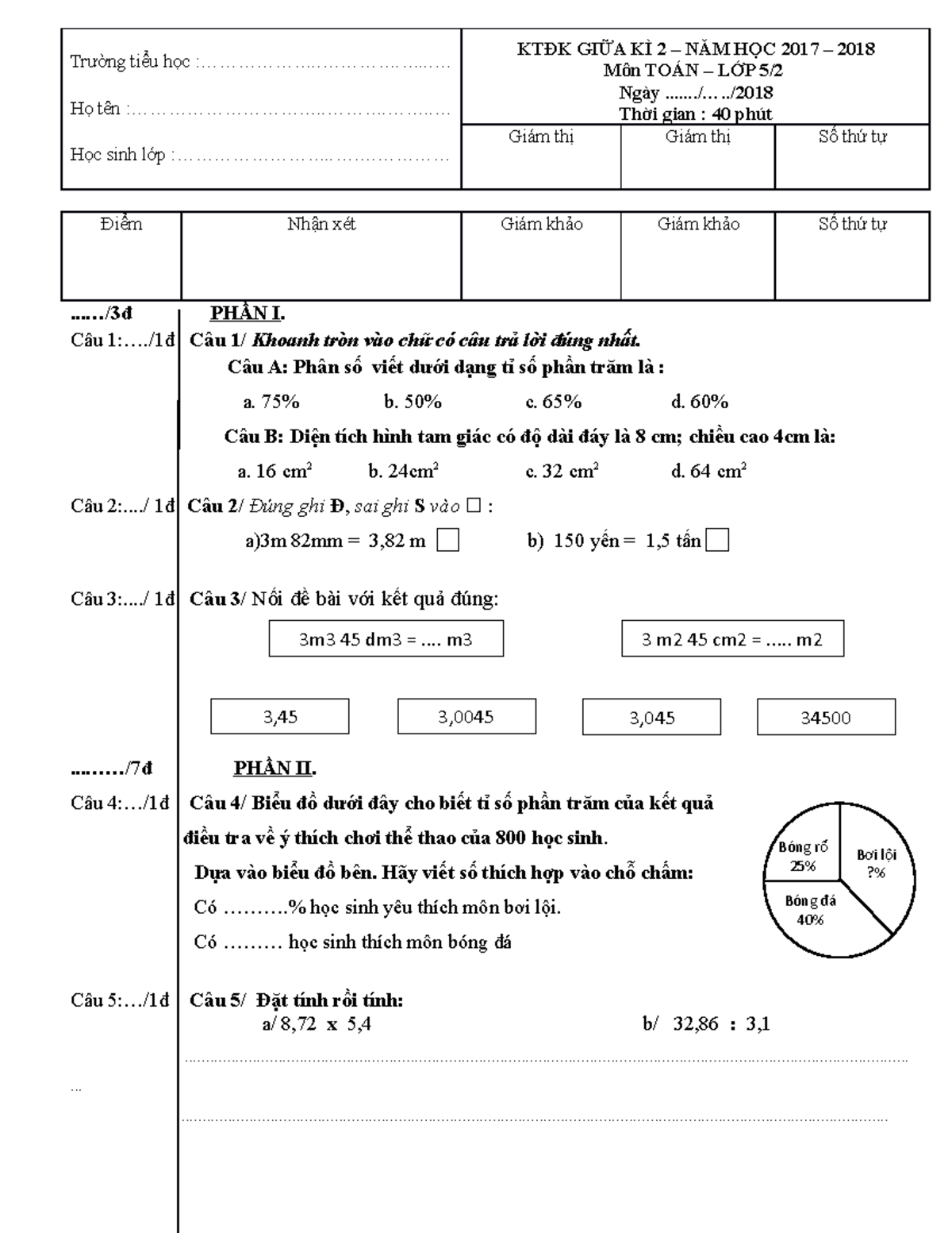De lop 5 giua ki 2 - De lop 5 giua ki 2 - Trường tiểu học - Studocu