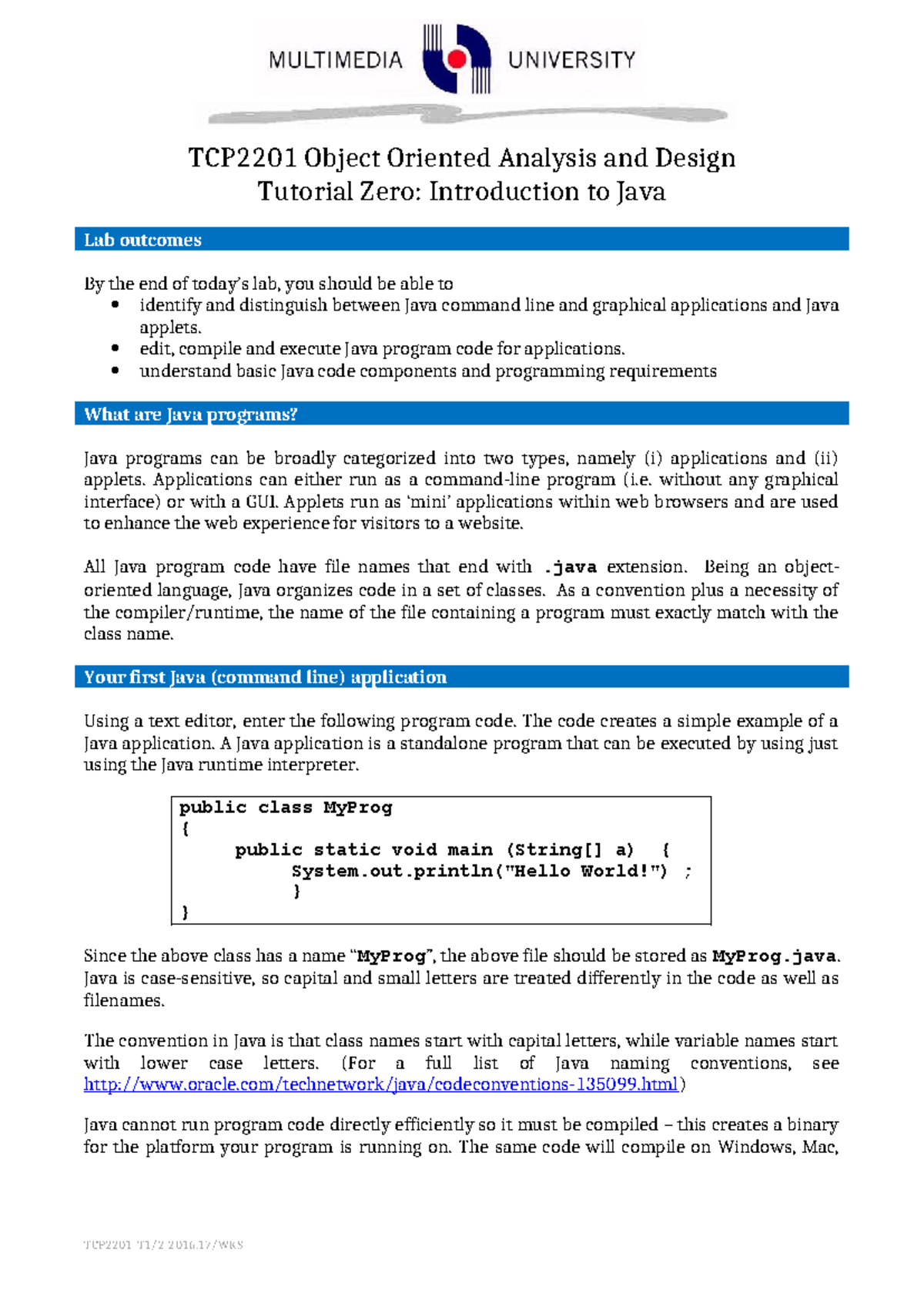 Lab 00 For those who have not had Java in Oopds - TCP2201 Object Oriented Analysis and Design ...