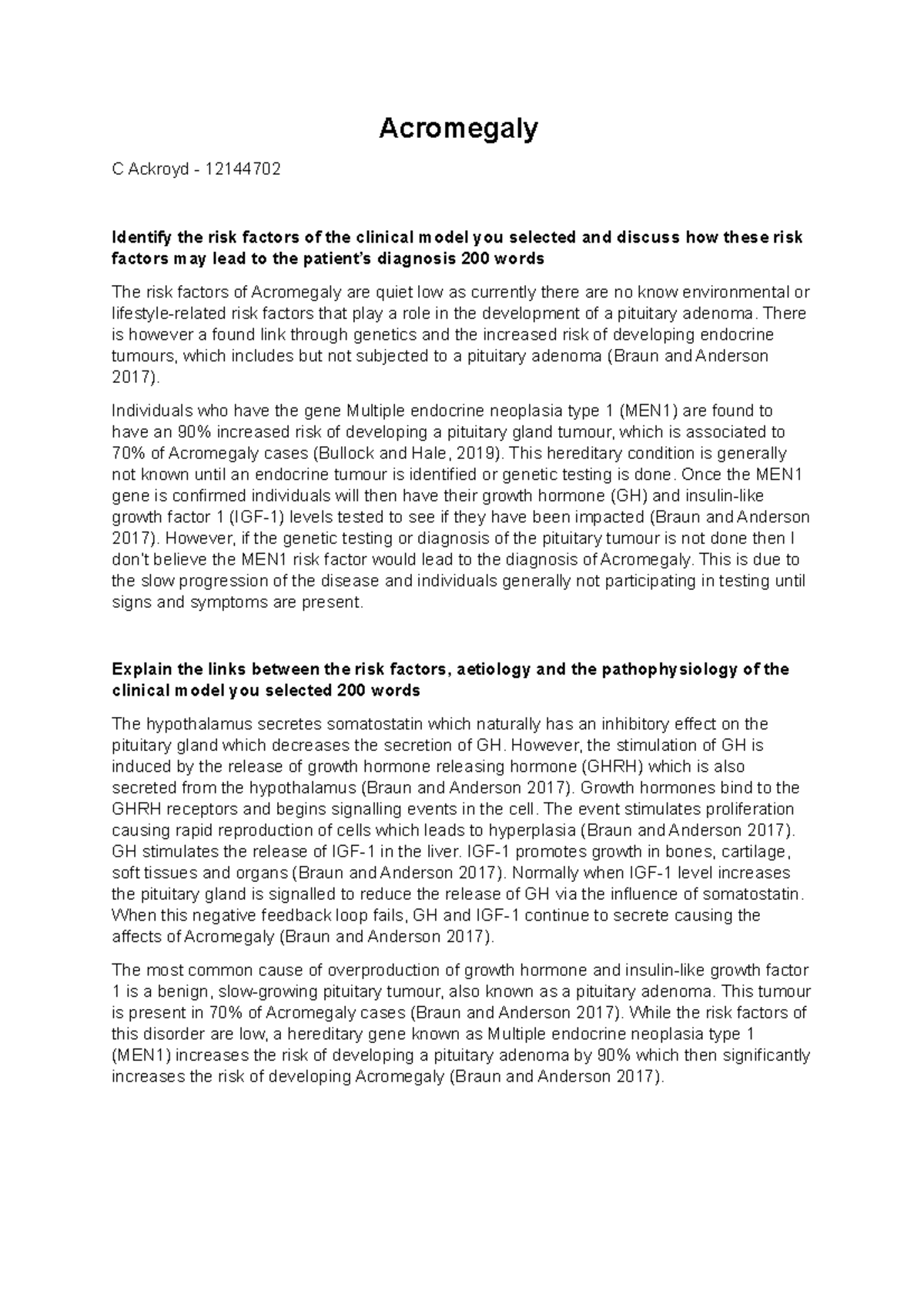 Acromegaly - Concept map assessment - Acromegaly C Ackroyd - 12144702 ...