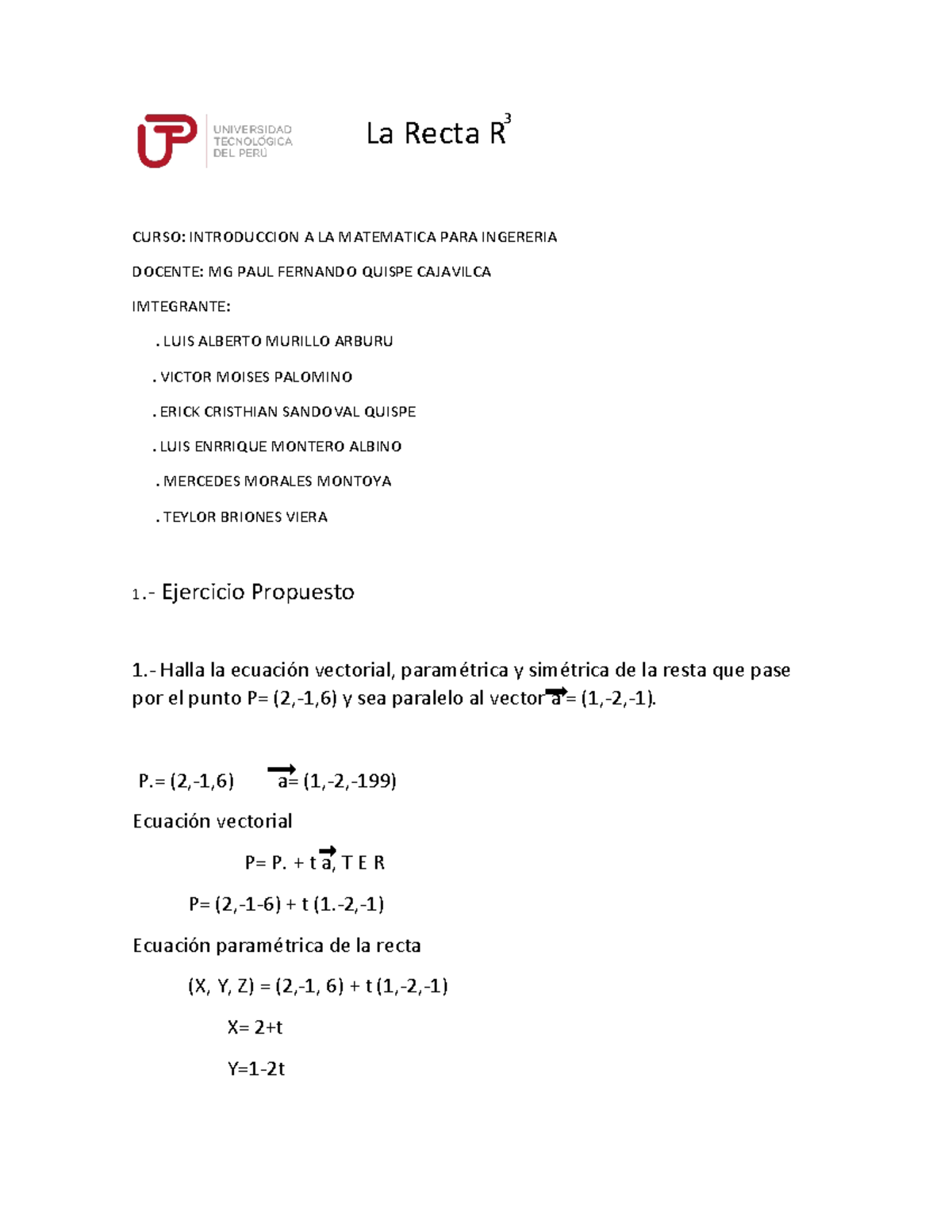 La recta R3 practica calificada - ejercicios para desarrollar - La ...