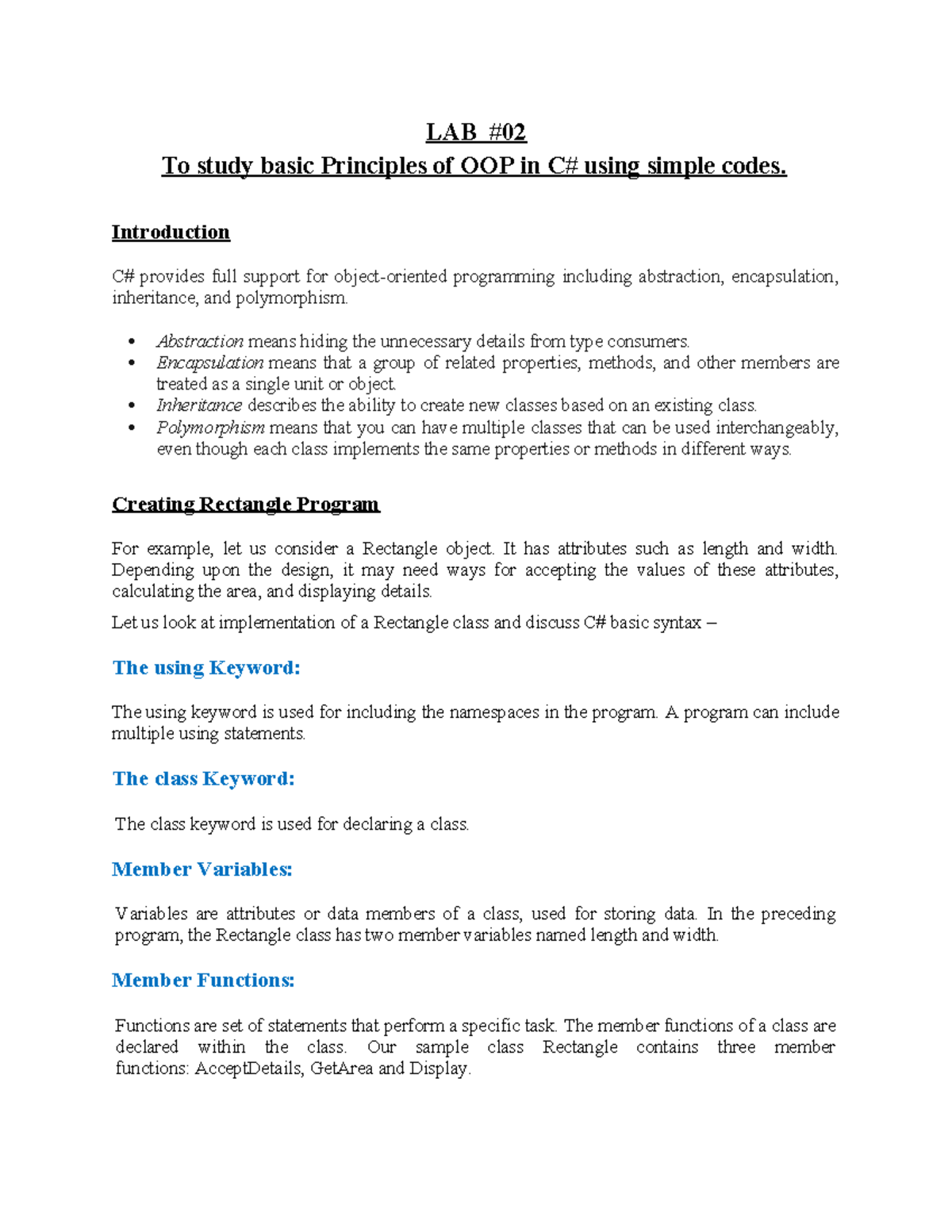 LAB 02 - ddfhhsddchsdjdfsjkncsd - LAB To study basic Principles of OOP in C# using simple codes ...