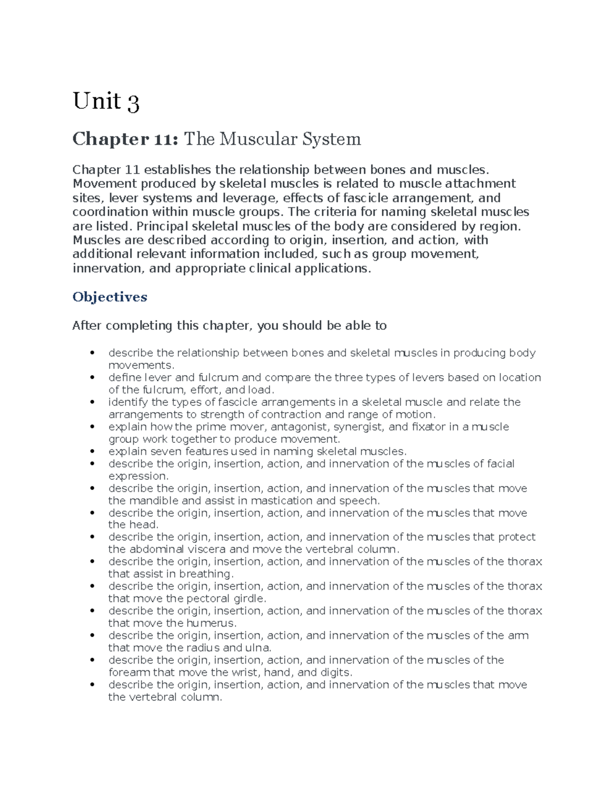 Unit 3 Study Guide - Unit 3 Chapter 11: The Muscular System Chapter 11 ...