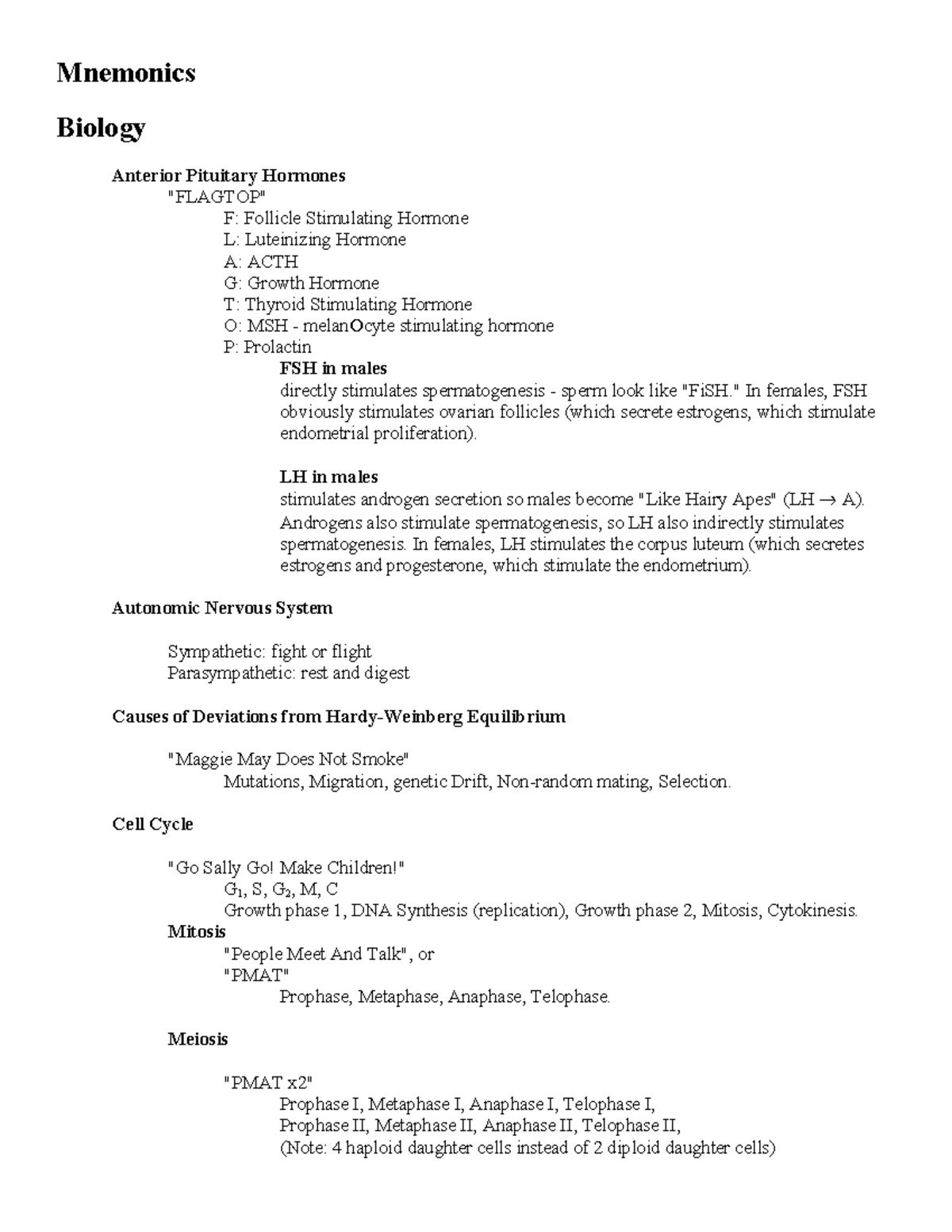 Mnemonics for the MCAT - Summary Biological Principles III: Functional ...