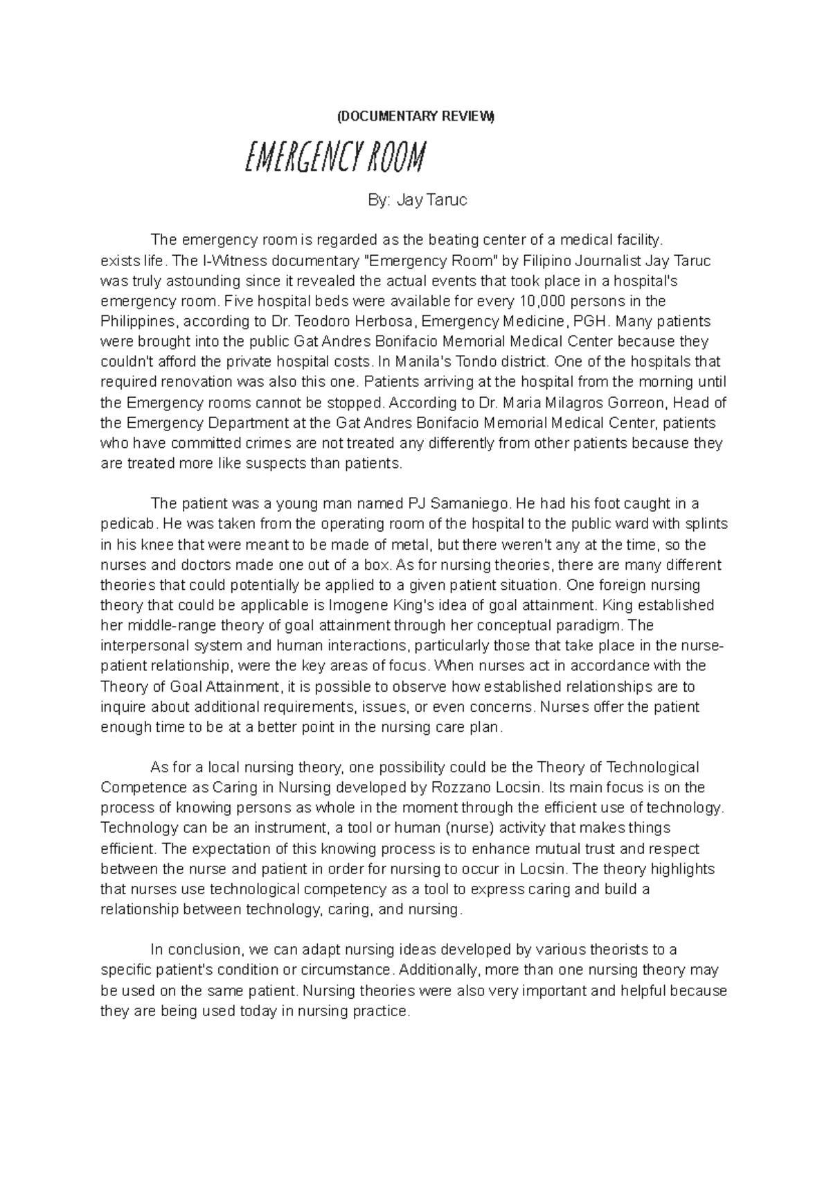Documentary Review - (DOCUMENTARY REVIEW) EMERGENCY ROOM By: Jay Taruc ...