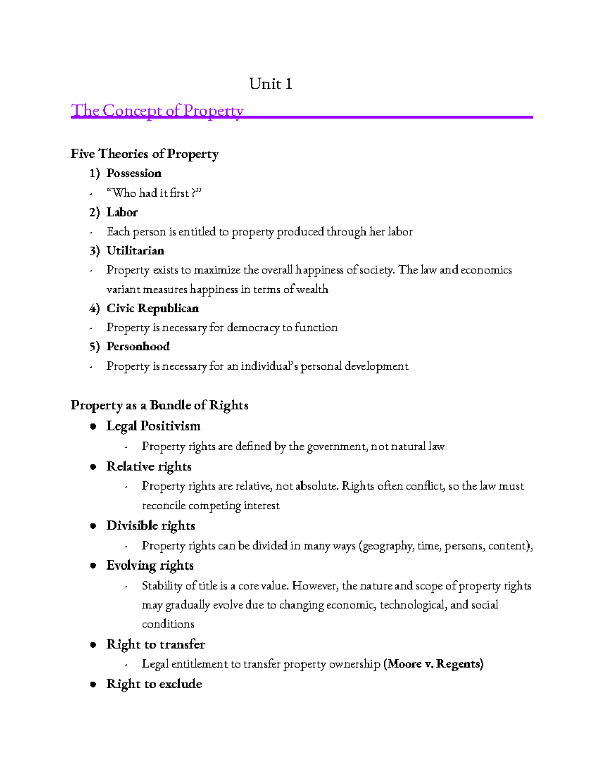 Property Outline - Unit 1 The Concept of Property Five Theories of ...