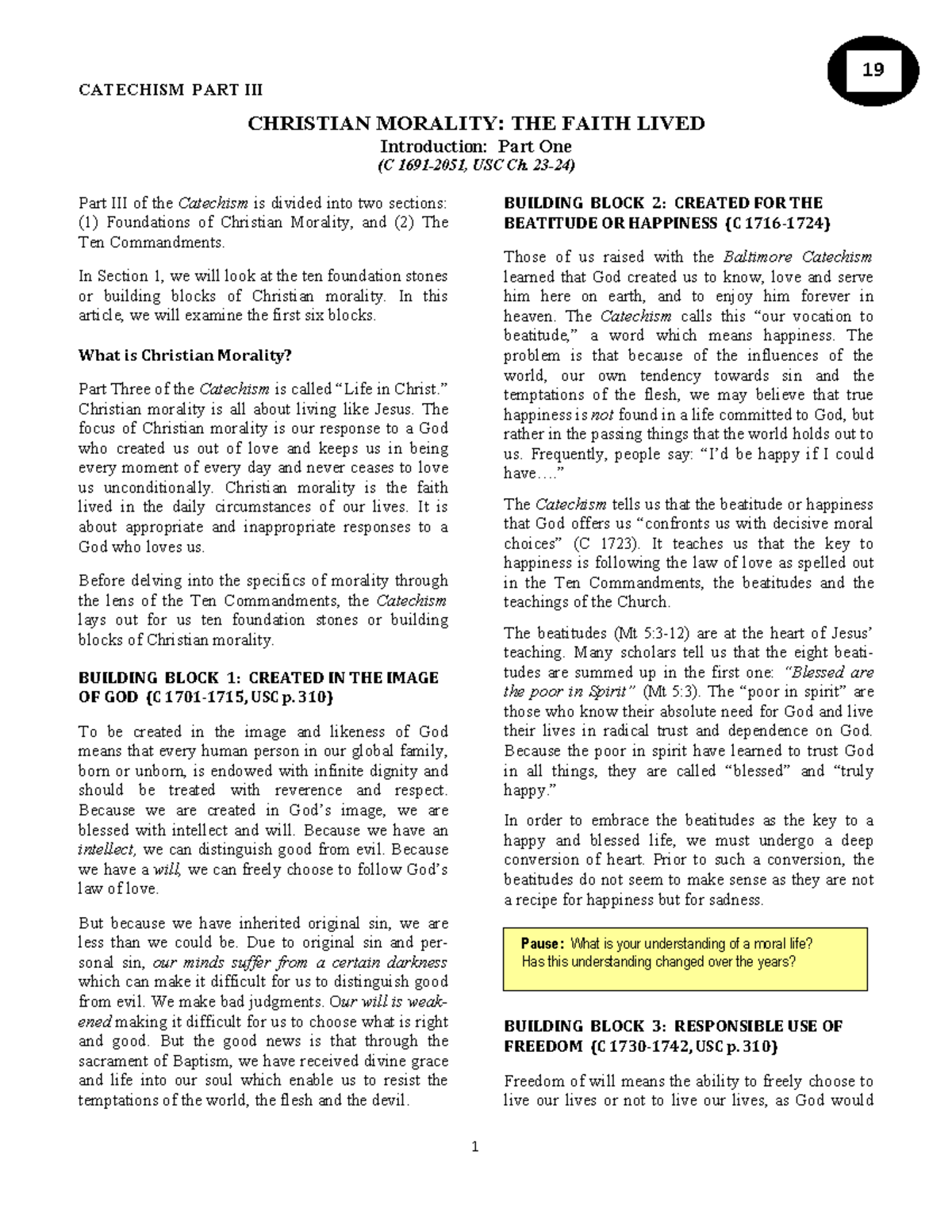 19 Christian Morality PART 1 tbp june 23 2010 - CATECHISM PART III ...