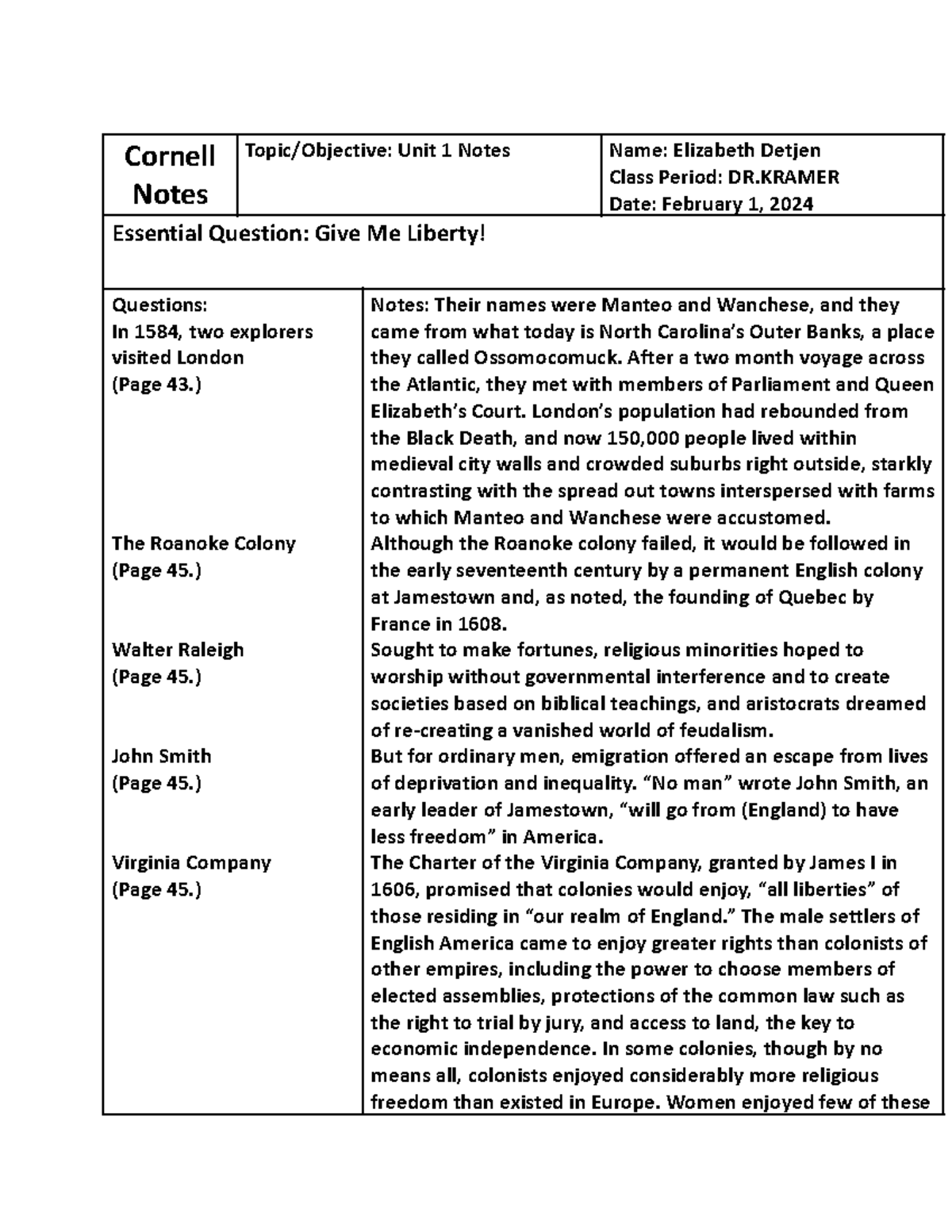 Cornell Notes - Cornell Notes Topic/Objective: Unit 1 Notes Name ...