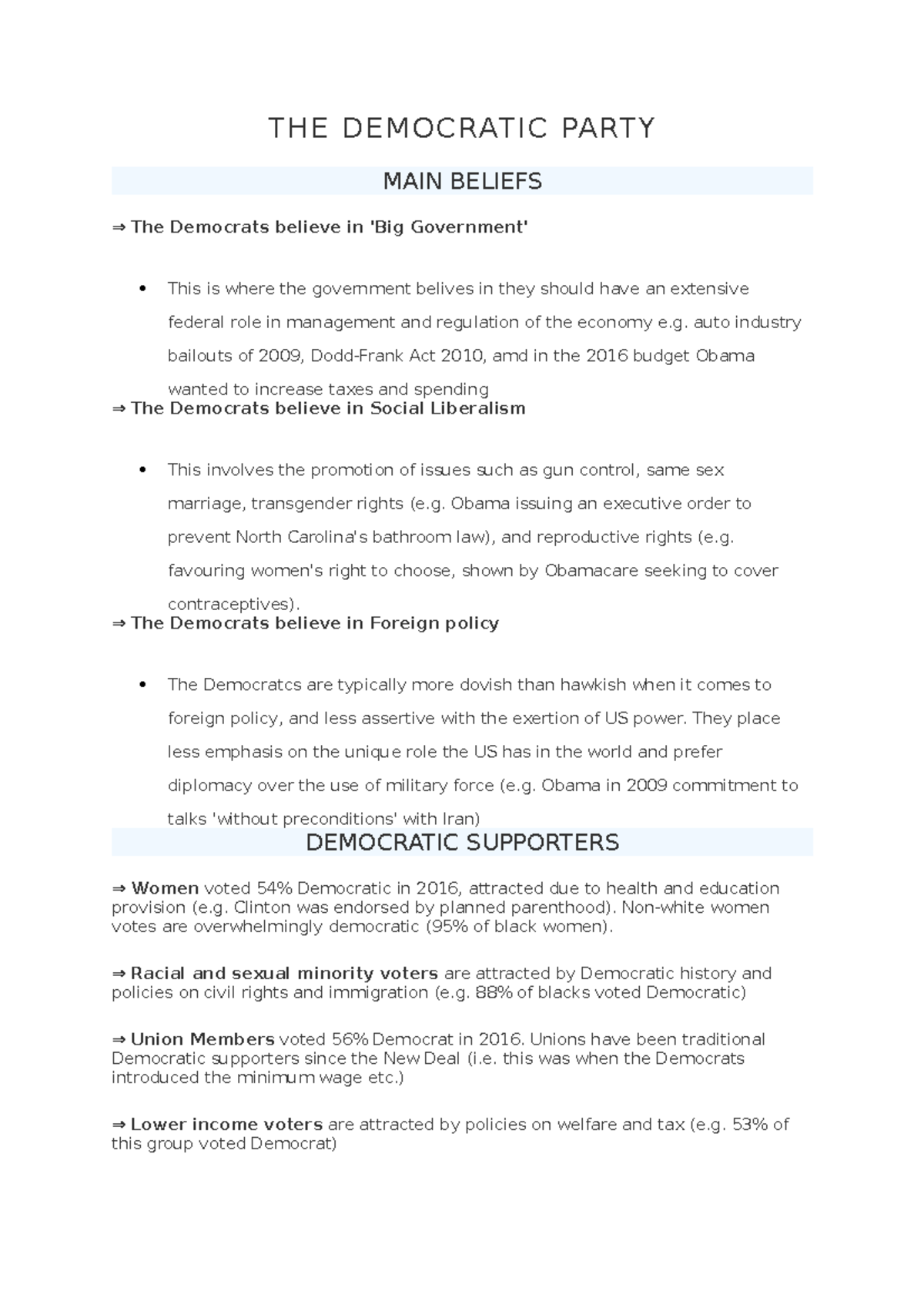 Usa politics coursework - THE DE MO CRATIC PARTY MAIN BELIEFS ⇒ The ...