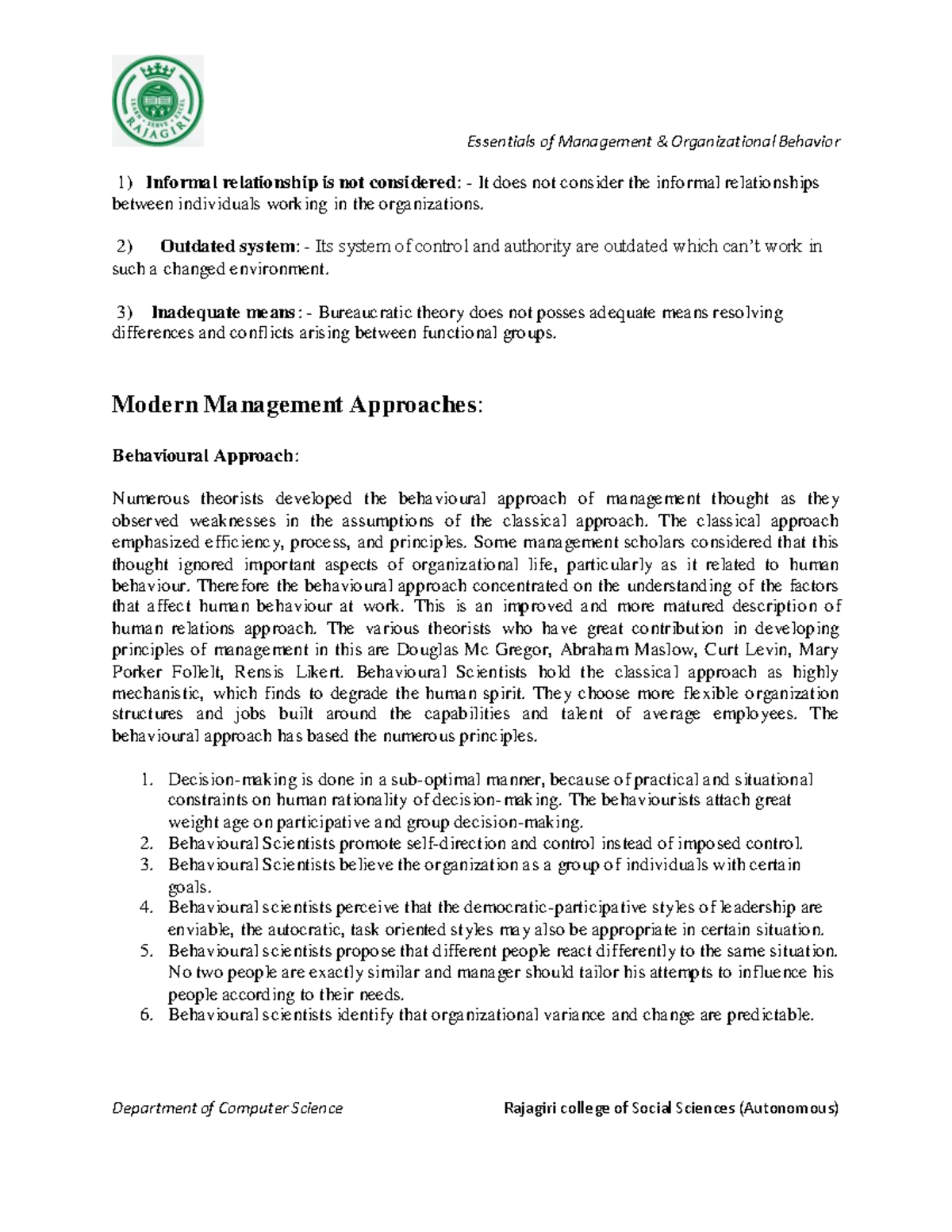 Modern Management approaches - Informal relationship is not considered ...