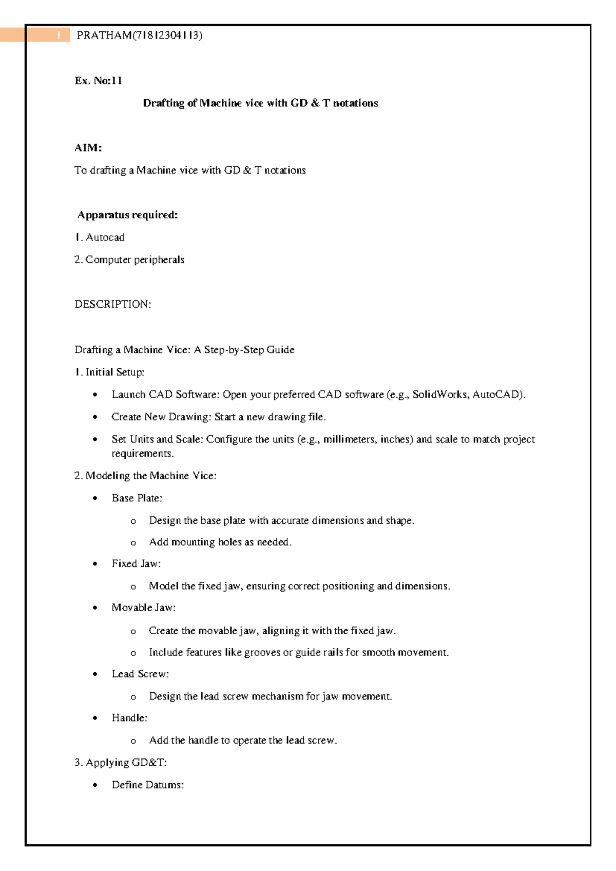 DFM EXP 11 - mmfff - 1 PRATHAM(71812304113) Ex. No: Drafting of Machine ...