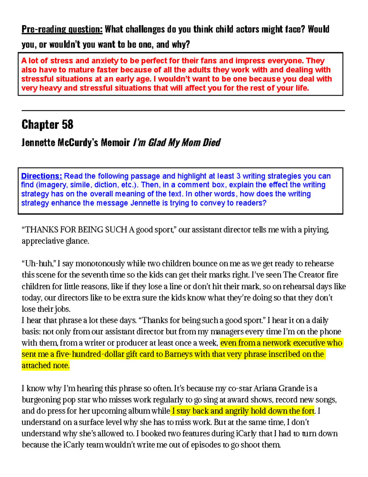 Reading Excerpt: Jennette Mc Curdy - Pre-reading question: What ...