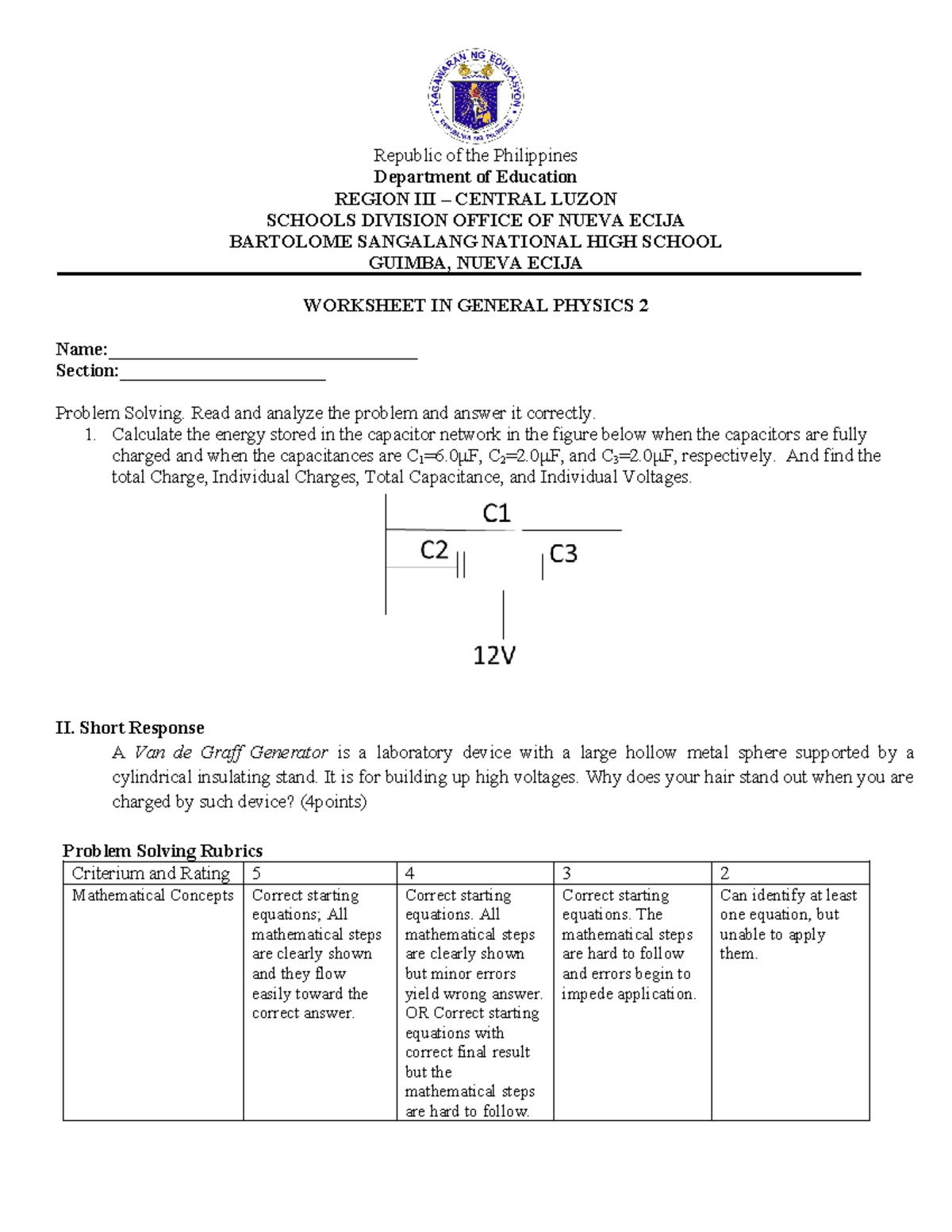 Physics worksheet - Republic of the Philippines Department of Education ...