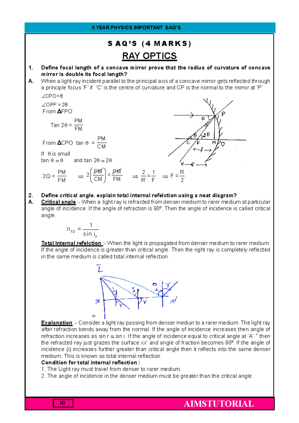 Physics 2 SAQ 1 - Important question - ####### S A Q ’ S ( 4 M A R K S ) RAY OPTICS Define focal ...