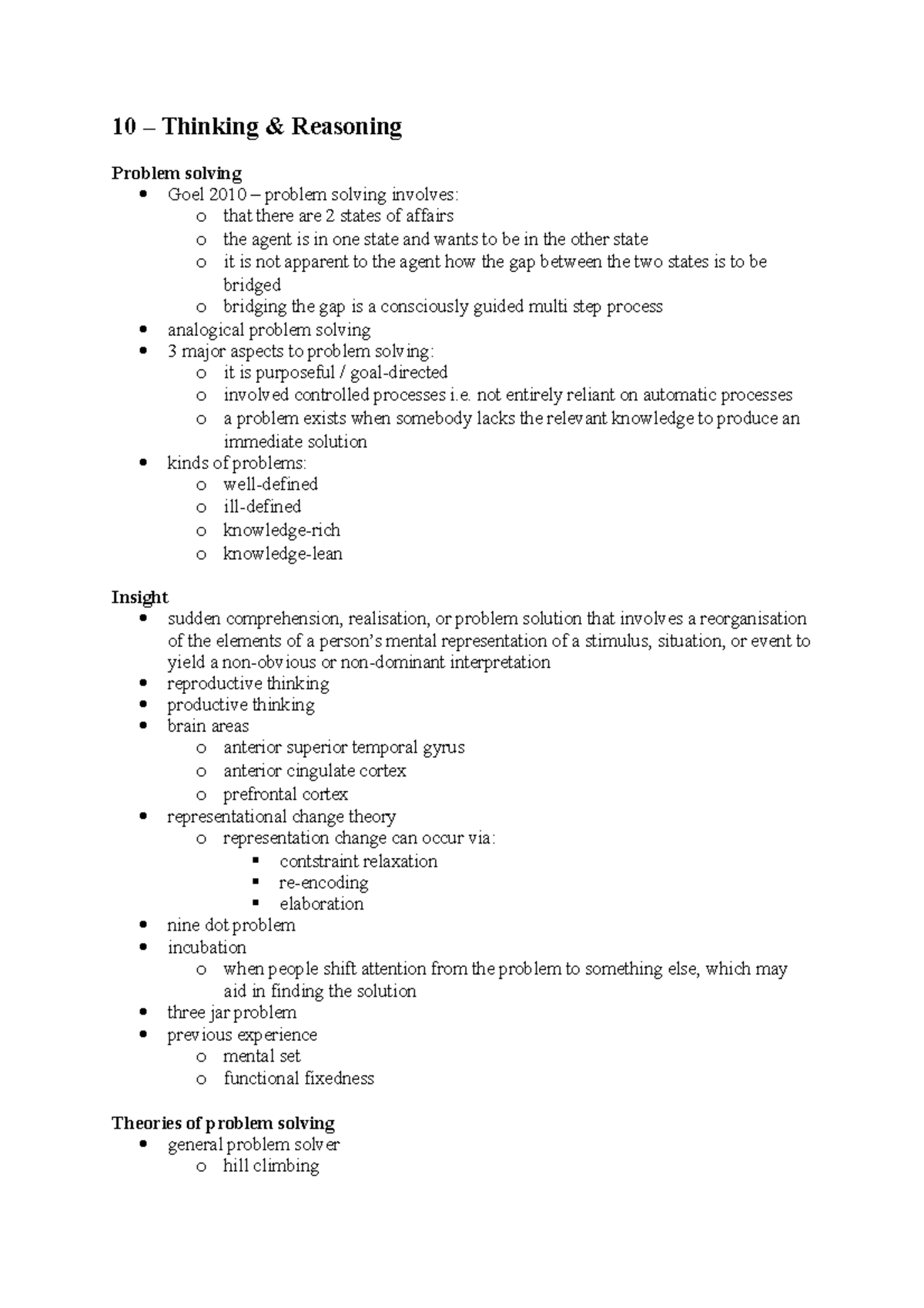 Week 10 - Overview of week 10 content - 10 – Thinking & Reasoning Problem solving Goel 2010 ...