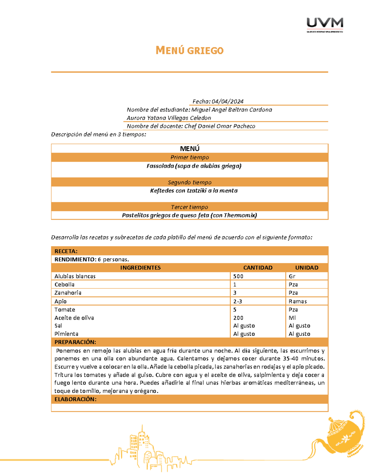 Receta Griega cocina internacional - MENÚ GRIEGO Fecha: 04/04/ Nombre ...