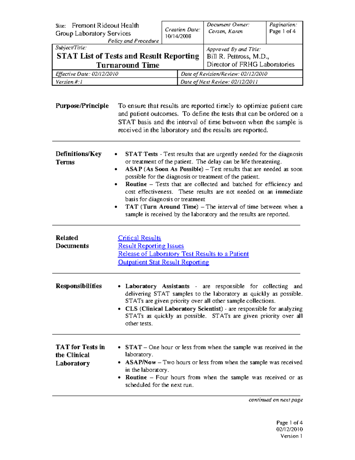 STAT List of Tests and Result Reporting Turnaround Time - Site: Fremont ...
