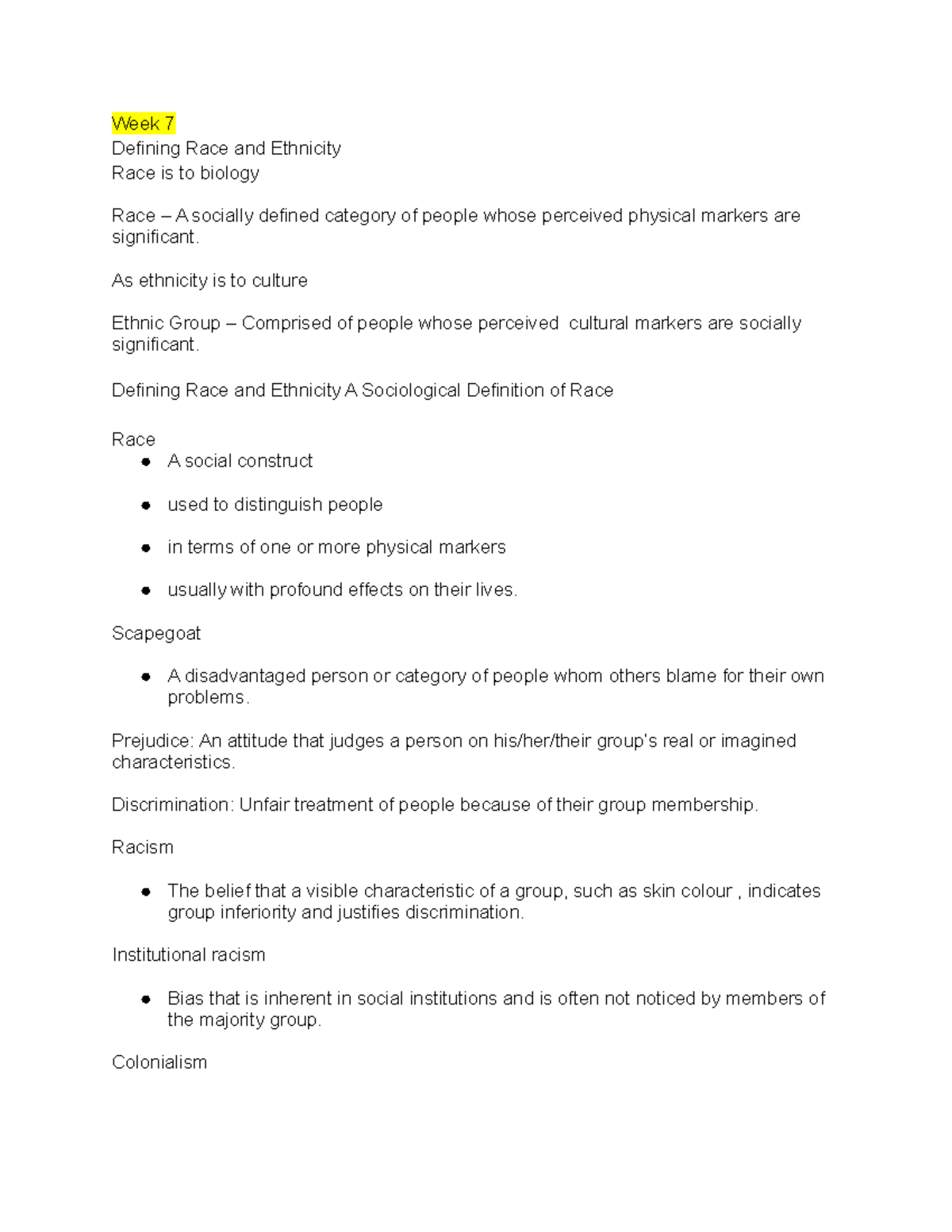 Week 7 lecture notes - Week 7 Defining Race and Ethnicity Race is to ...