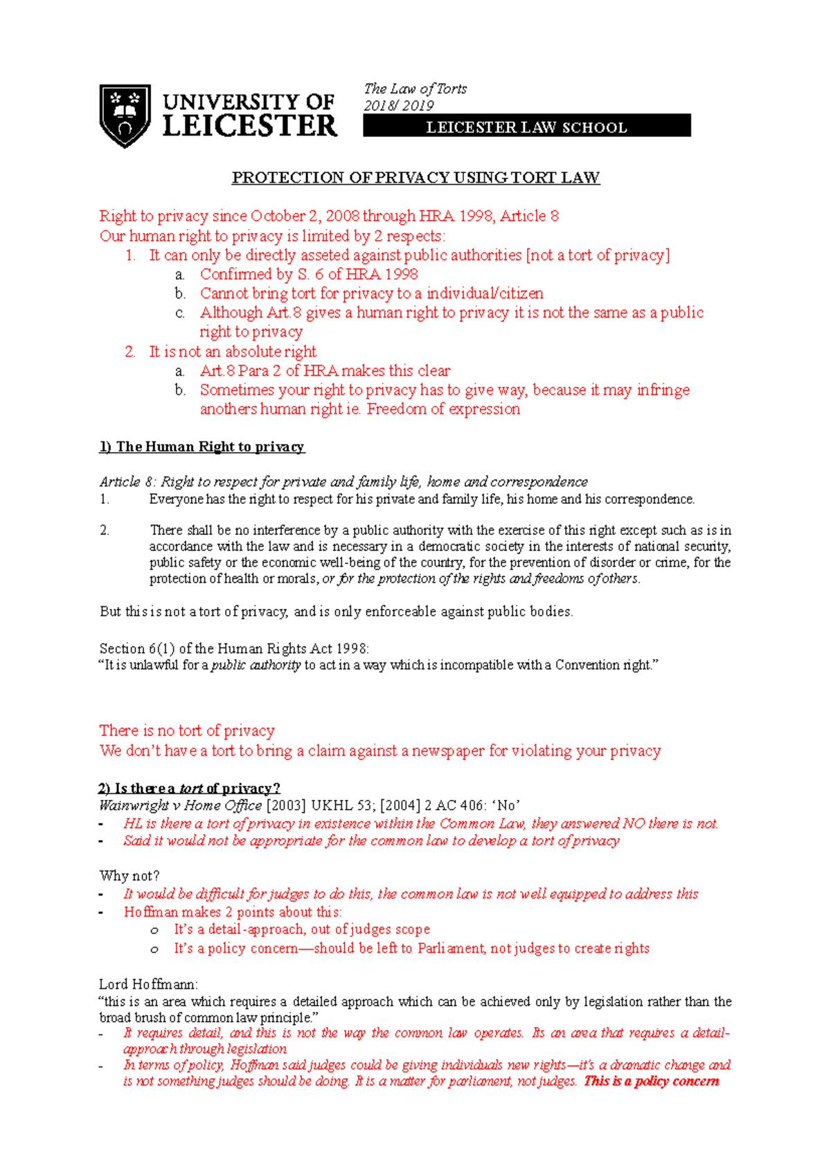 Topic 3- Privacy - The Law of Torts 2018/ 2019 LEICESTER LAW SCHOOL ...