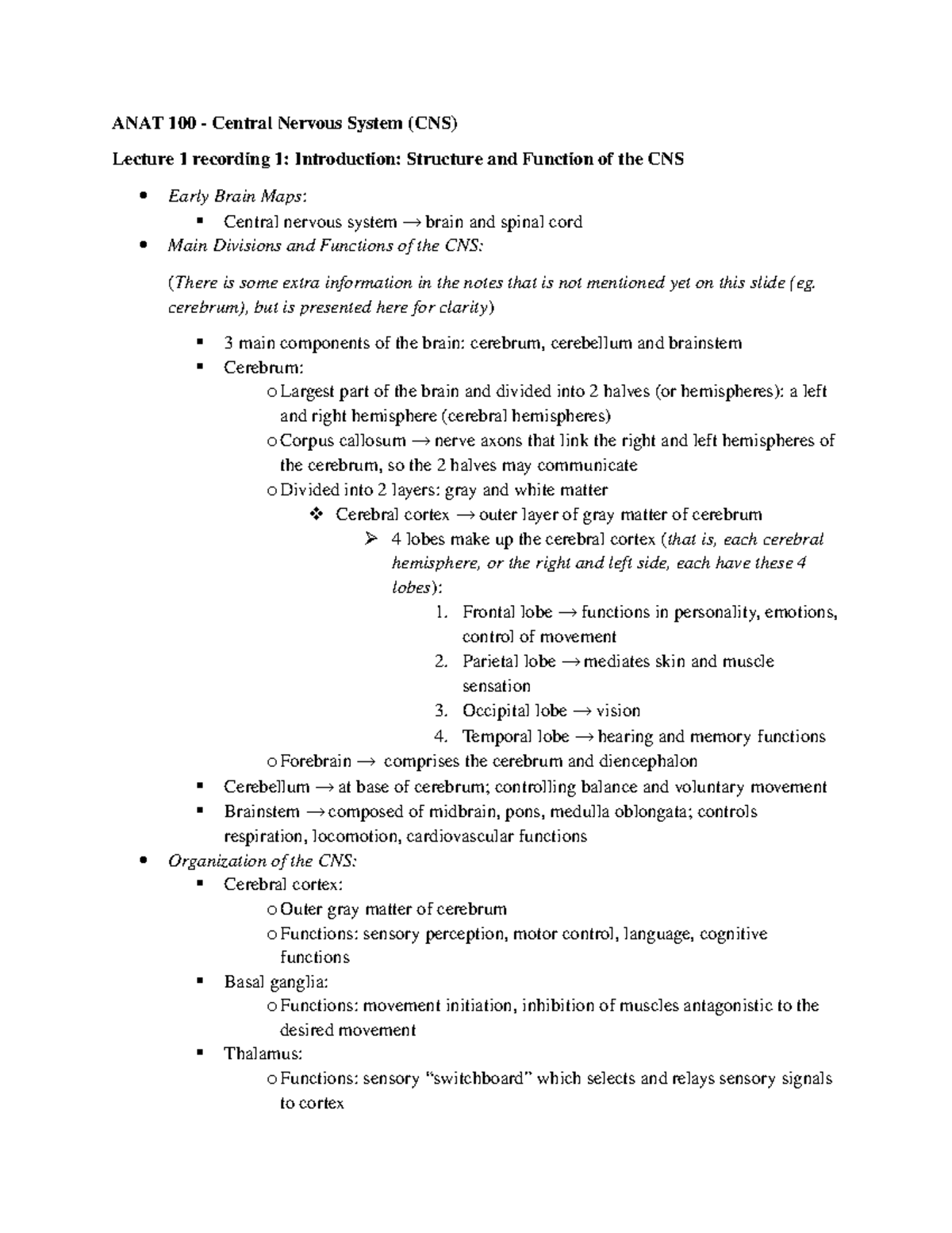 Anat100-CNS notes - Covers the central nervous system - ANAT 100 ...
