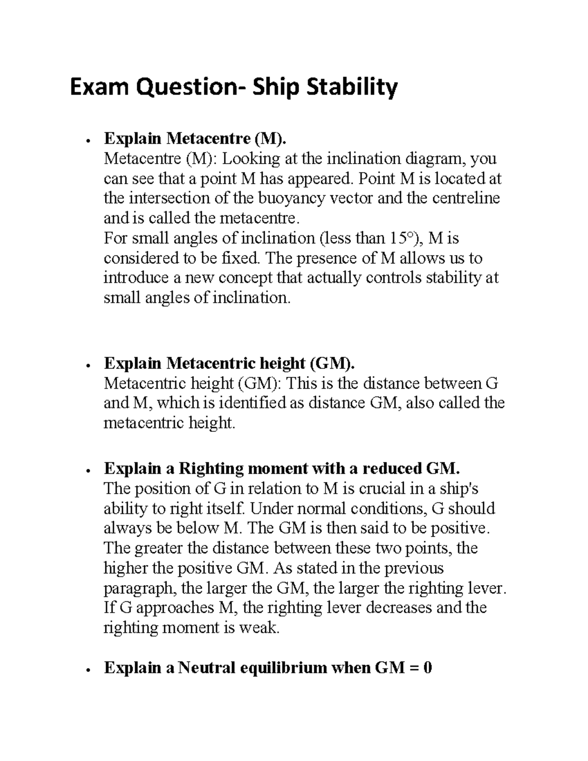 Ship Hydrodynamics Assignment 5 - Exam Question- Ship Stability Explain ...