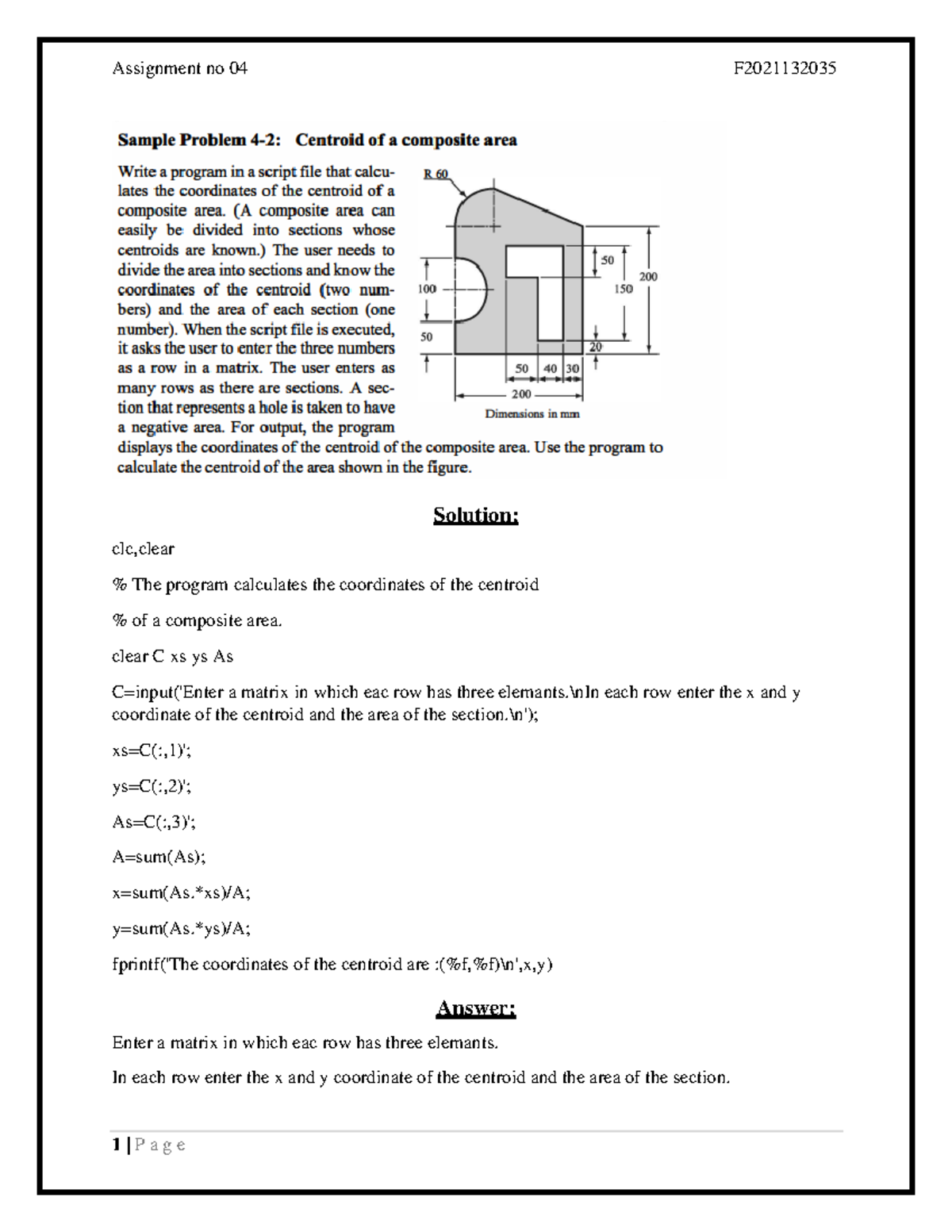 Matlab Assignment 04 Solution Clcclear The Program Calculates The Coordinates Of The