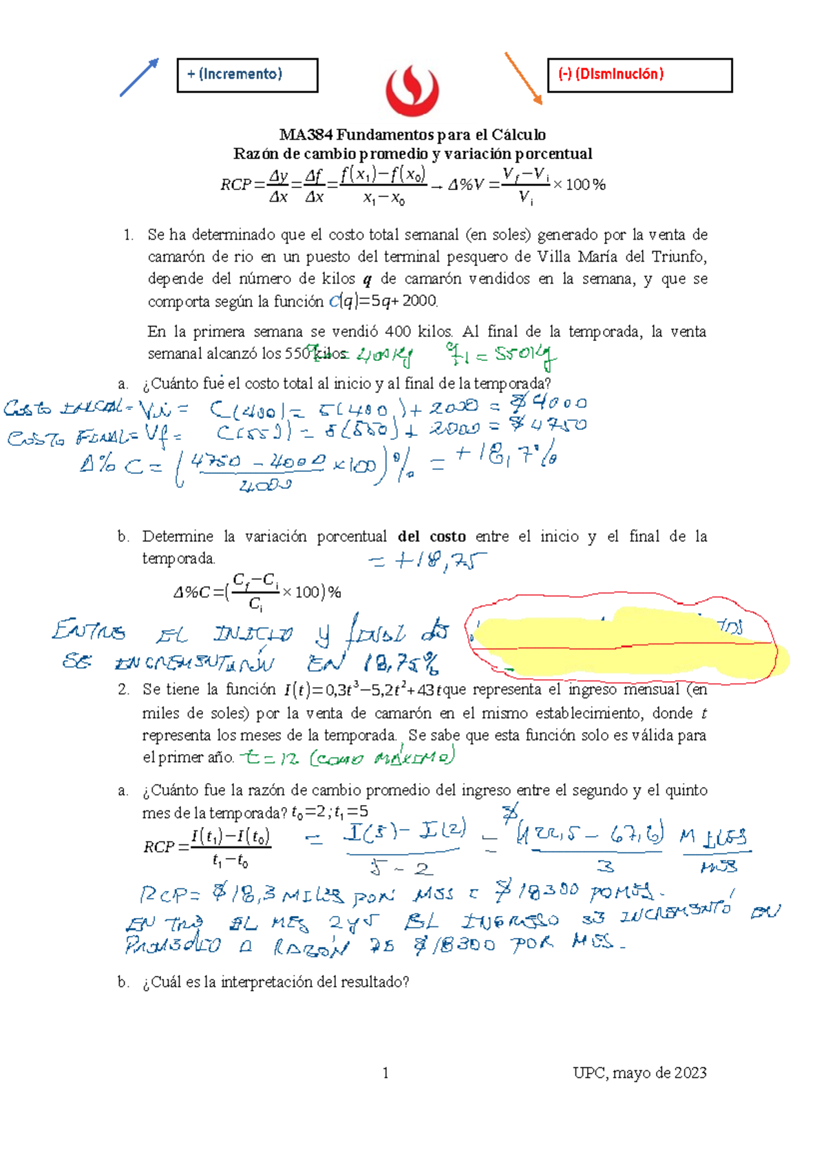 Ejercicios de razón de cambio promedio y variación porcentual - MA384 ...