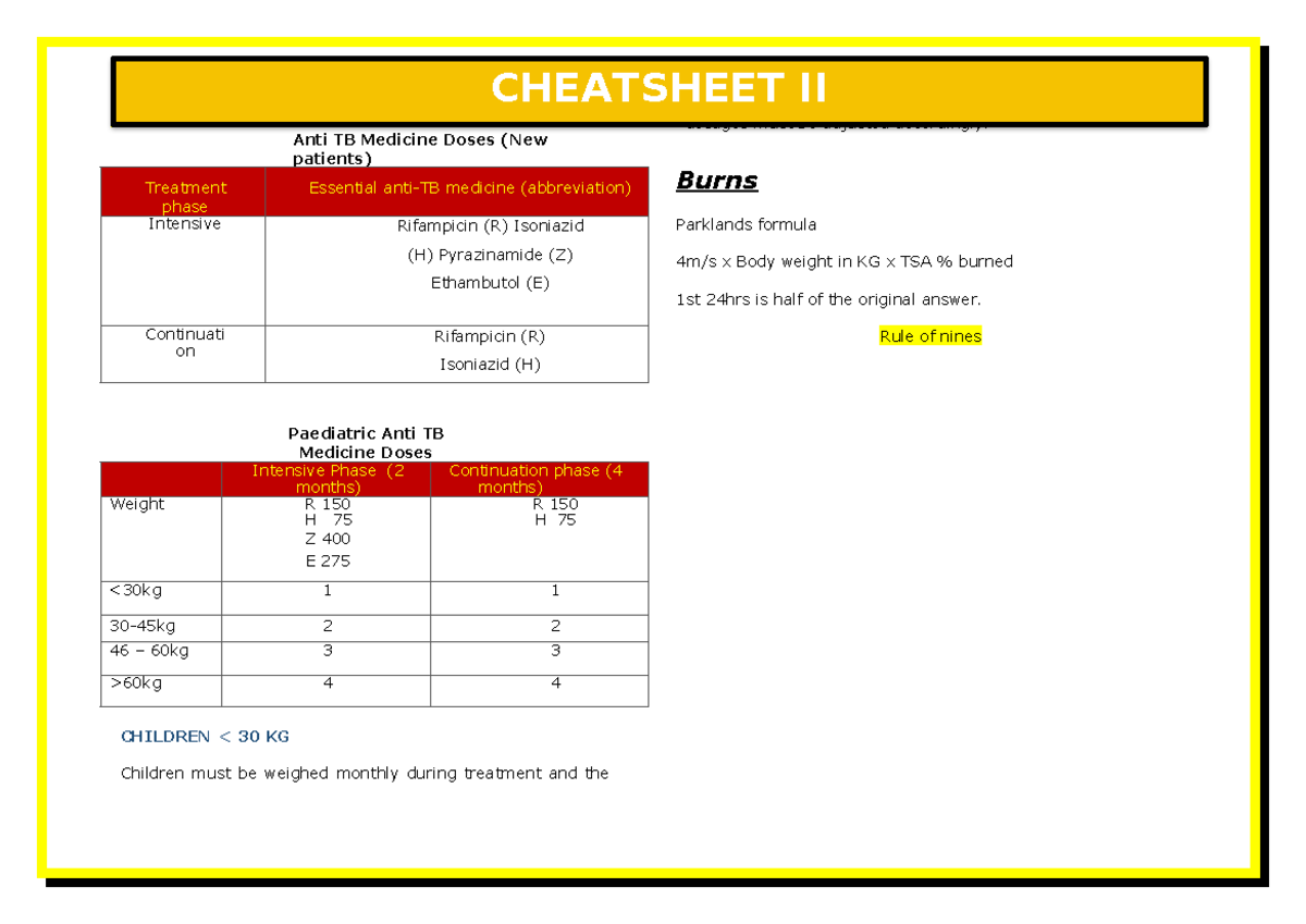 Cheatsheet II Final - Anti TB Medicine Doses (New patients) Treatment phase Essential anti-TB ...