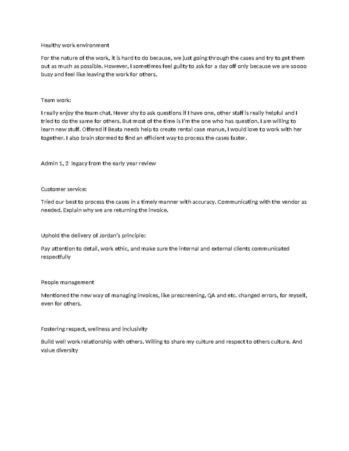 Mid year review - sample of self evaluation - Healthy work environment ...