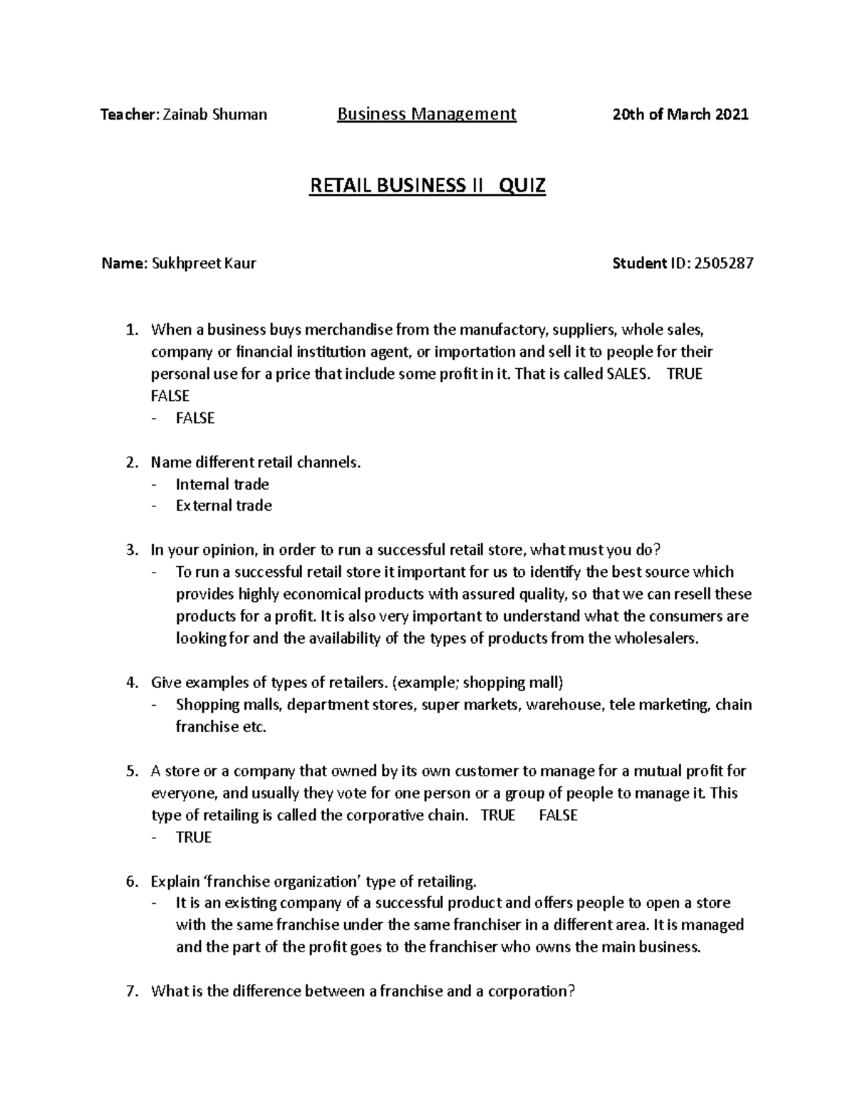 Retail Business 2 Quiz - quiz - Teacher : Zainab Shuman Business ...