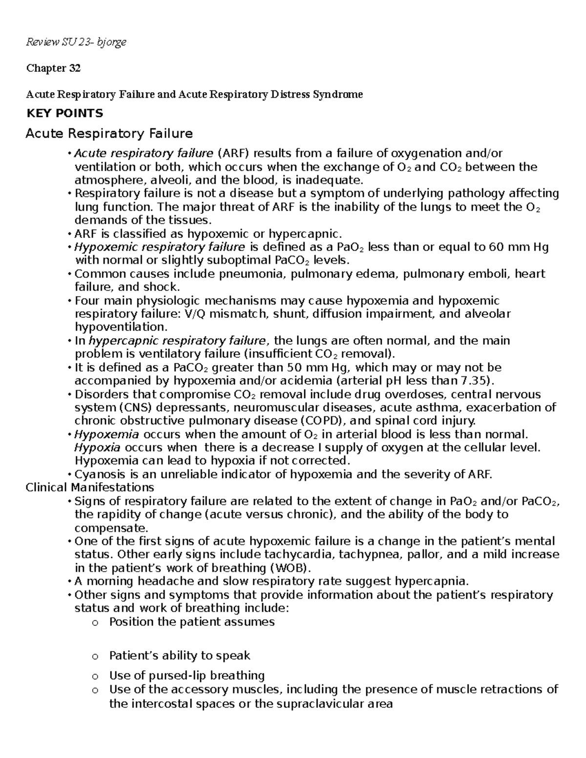 Acute Respiratory Failure ARDS SU 23 Review - Review SU 23- bjorge ...