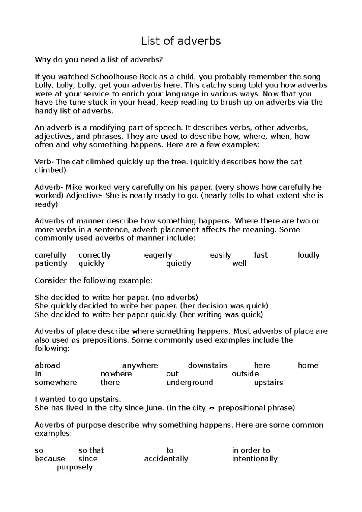 Listo n of adverbs - praxctica - List of adverbs Why do you need a list ...