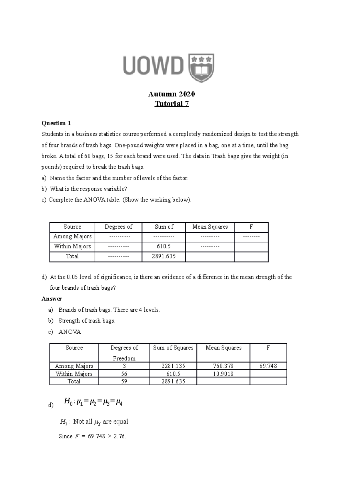 Tut 7 - Q A - Math - Autumn 2020 Tutorial 7 Question 1 Students in a ...