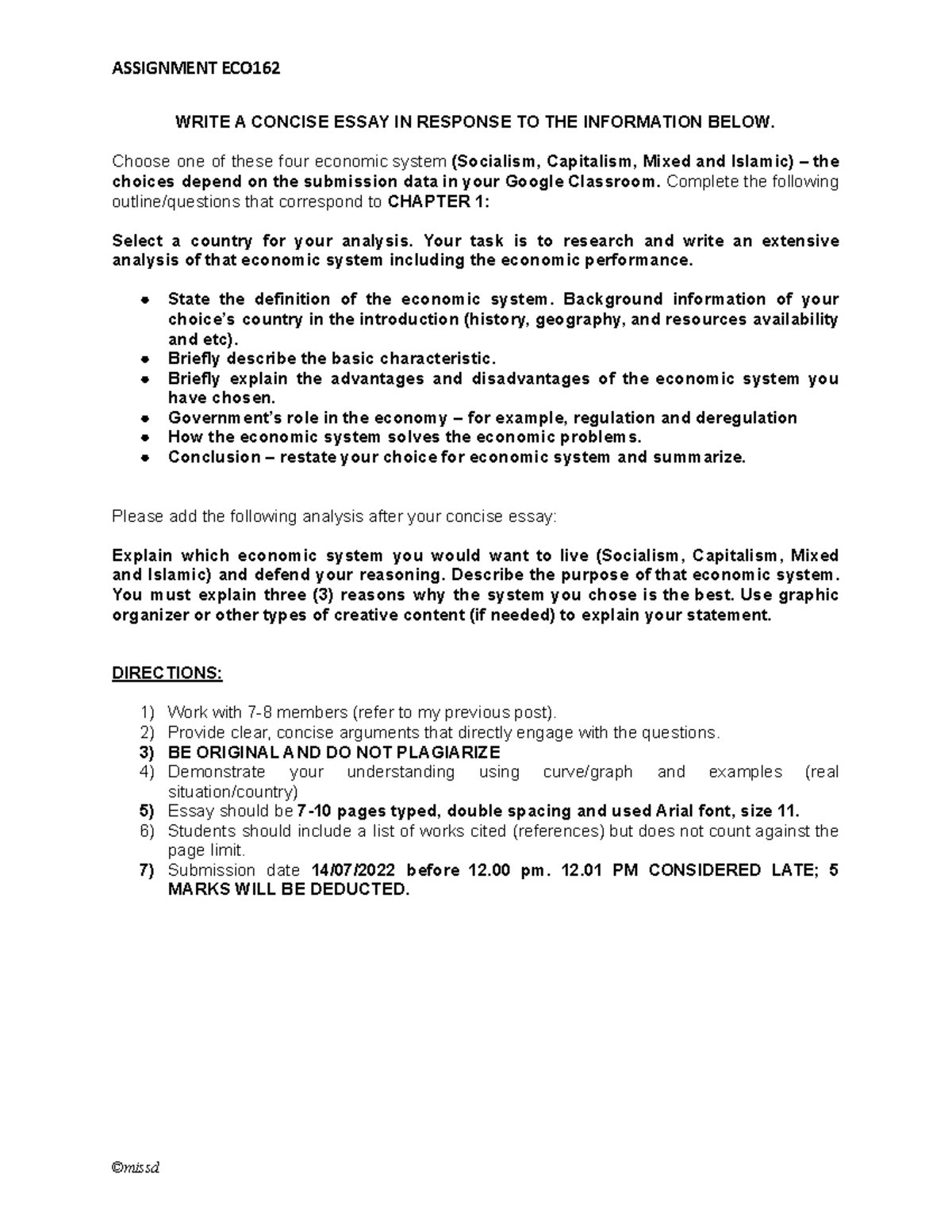 - assignment eco162- Economic System - ASSIGNMENT ECO WRITE A CONCISE ESSAY IN RESPONSE TO THE ...