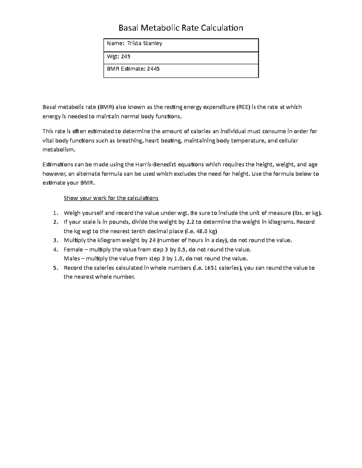 Basal metabolic rate(1) - Basal Metabolic Rate Calculation Basal ...