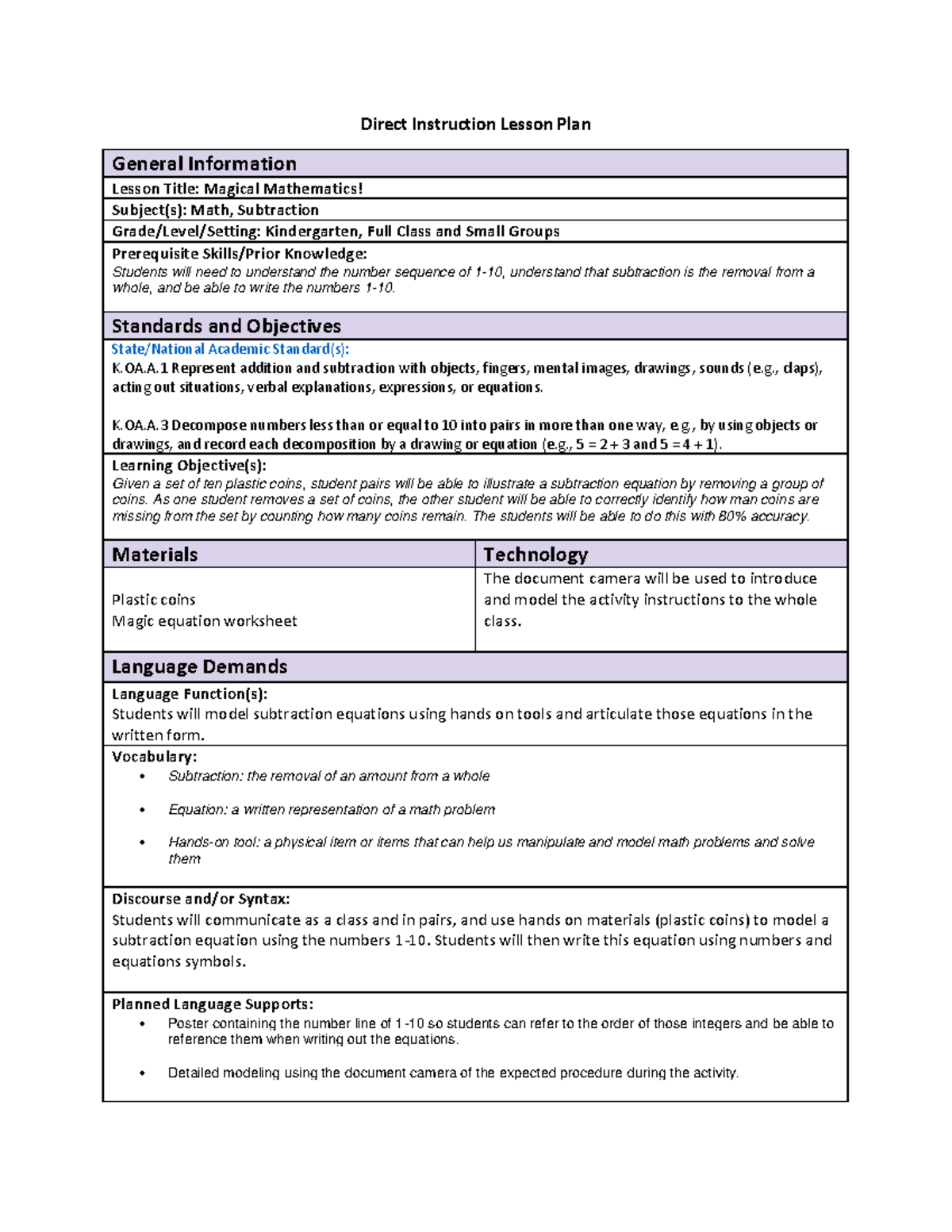 C381 Lesson Plan Magic Mathematics - Direct Instruction Lesson Plan General Information Lesson ...