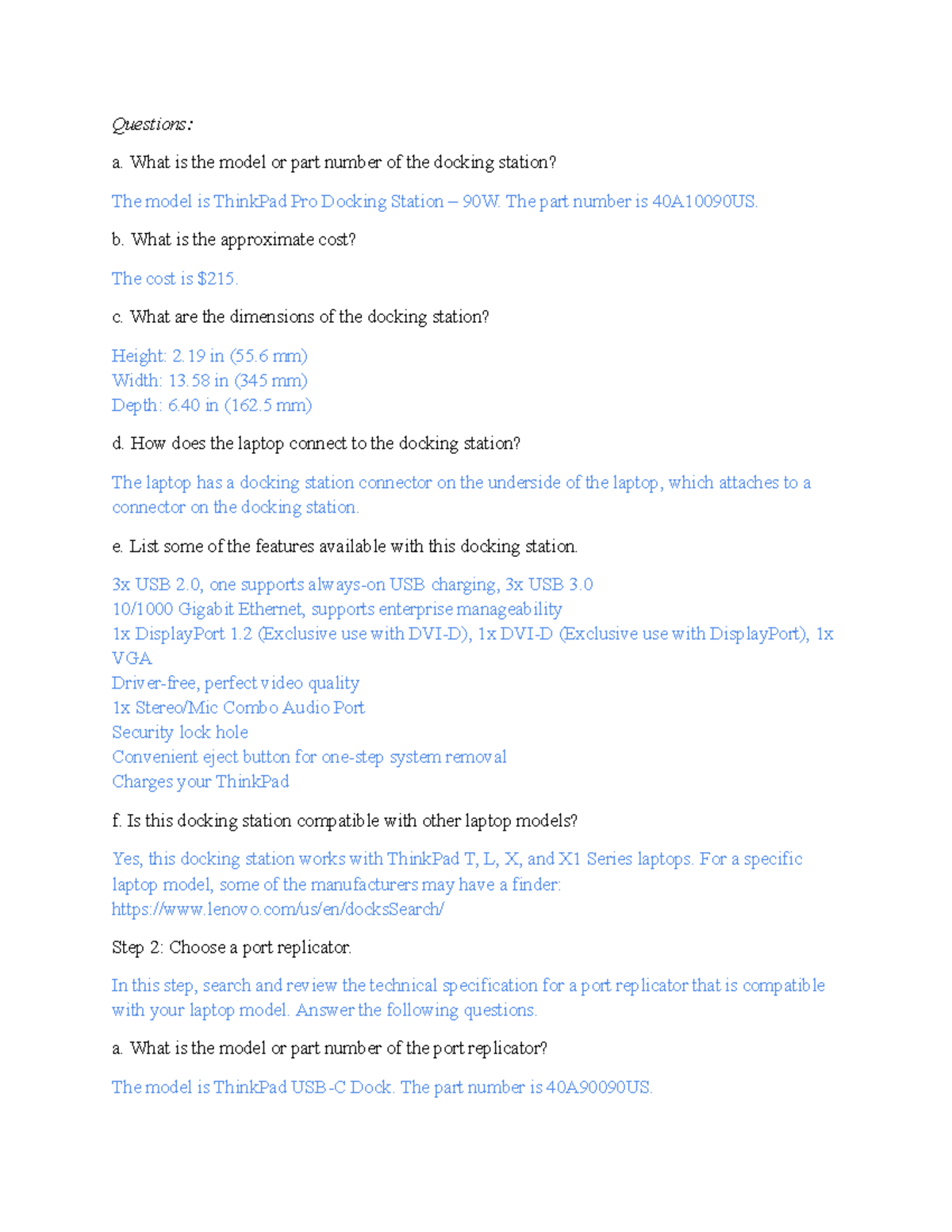 7.1.2.7 Lab- Researching Docking Station - Questions: a. What is the model or part number of the ...