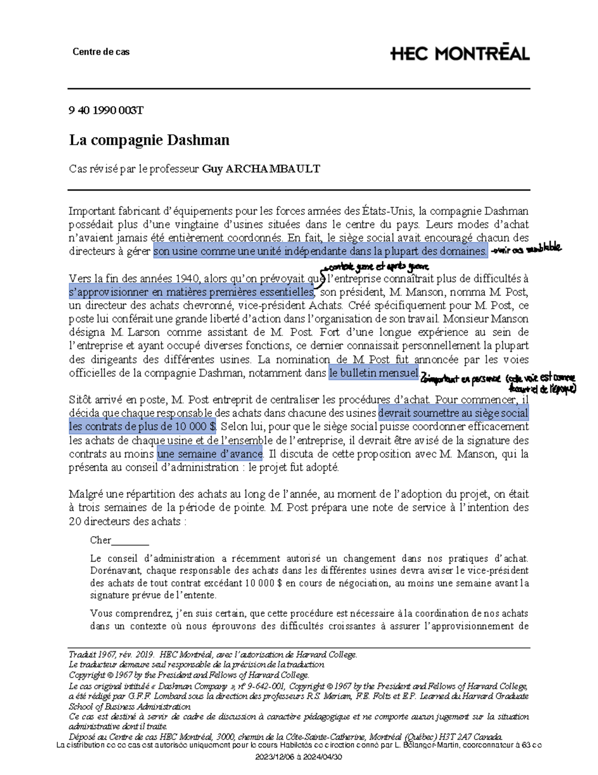 Compagnie dashman (exercice oral) - La distribution de ce cas est ...